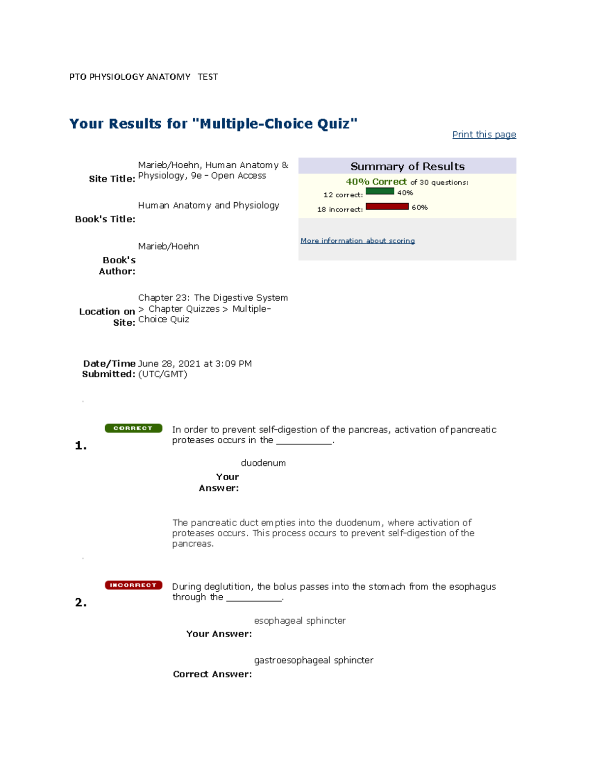 PTO Physiology Anatomy TEST - PTO PHYSIOLOGY ANATOMY TEST Your Results ...