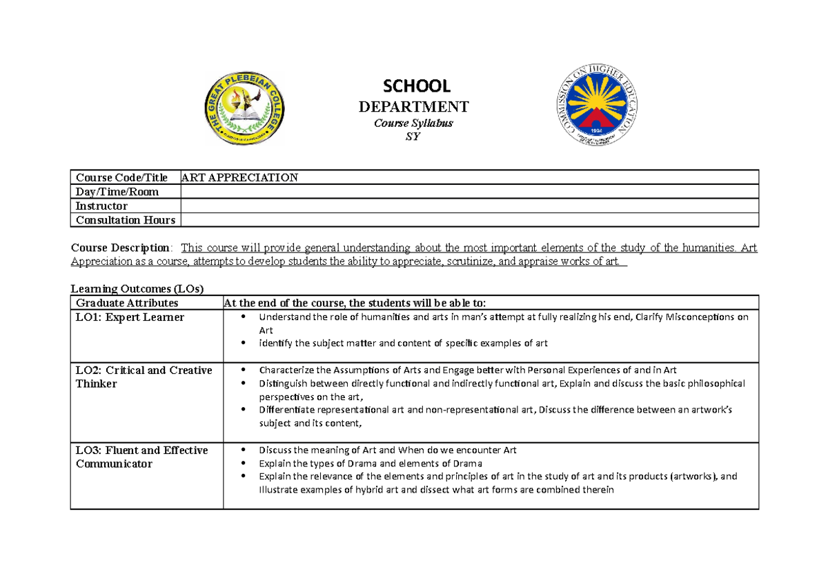 Art Appreciation Syllabus - SCHOOL DEPARTMENT Course Syllabus SY Course ...