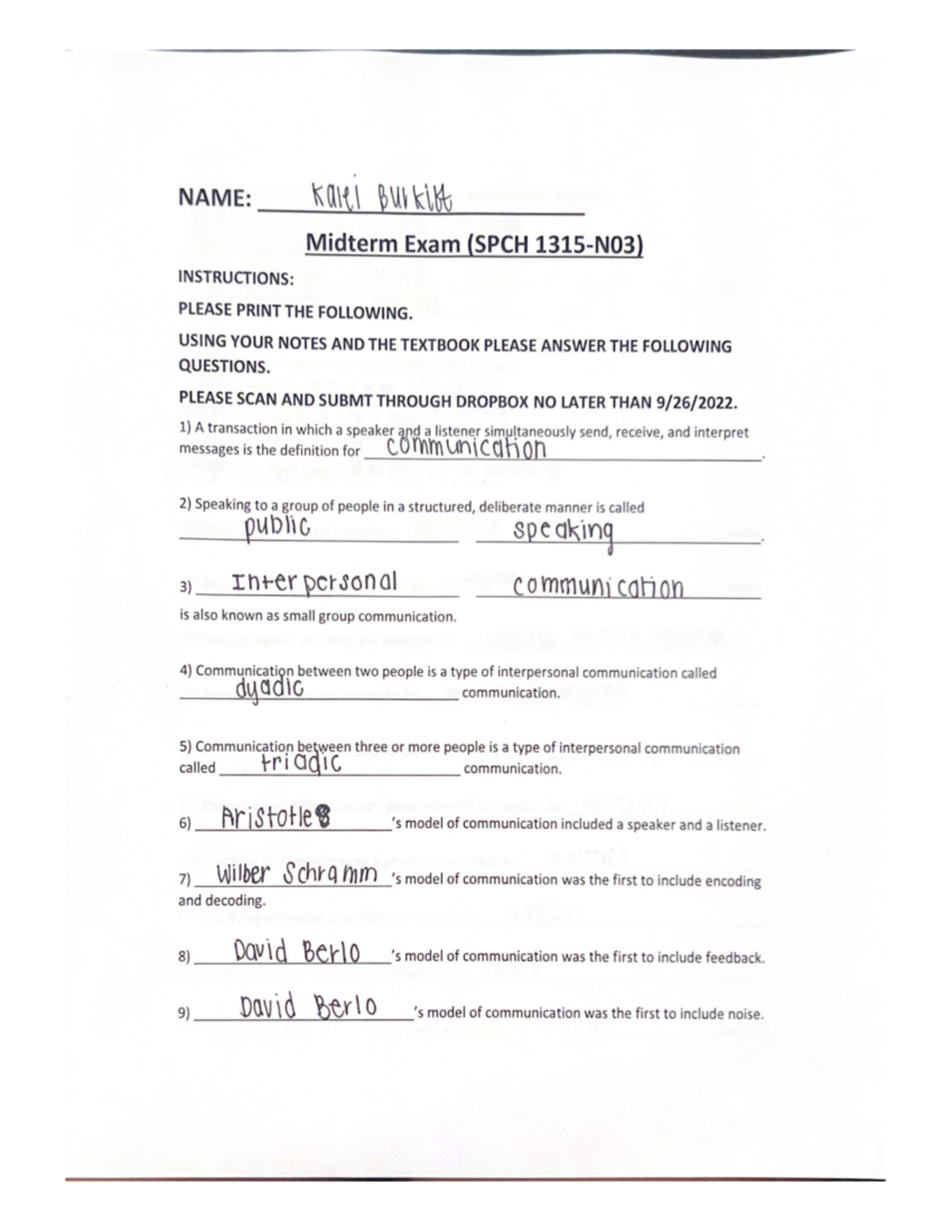 Midterm exam spch. kb - NAME: kalei Burkift Midterm Exam (SPCH ...