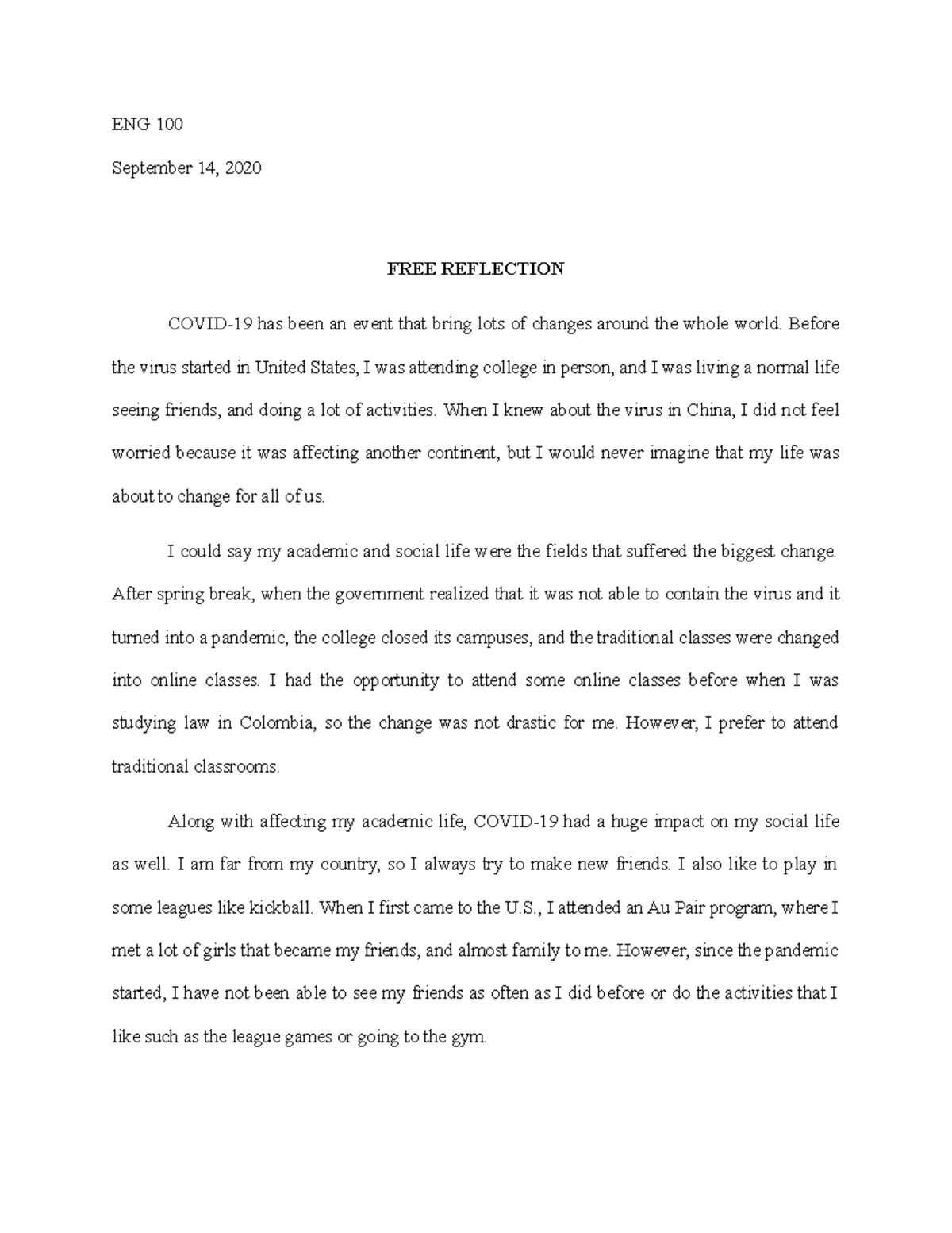 FREE Reflection COVID - ENG 100 September 14, 2020 FREE REFLECTION ...