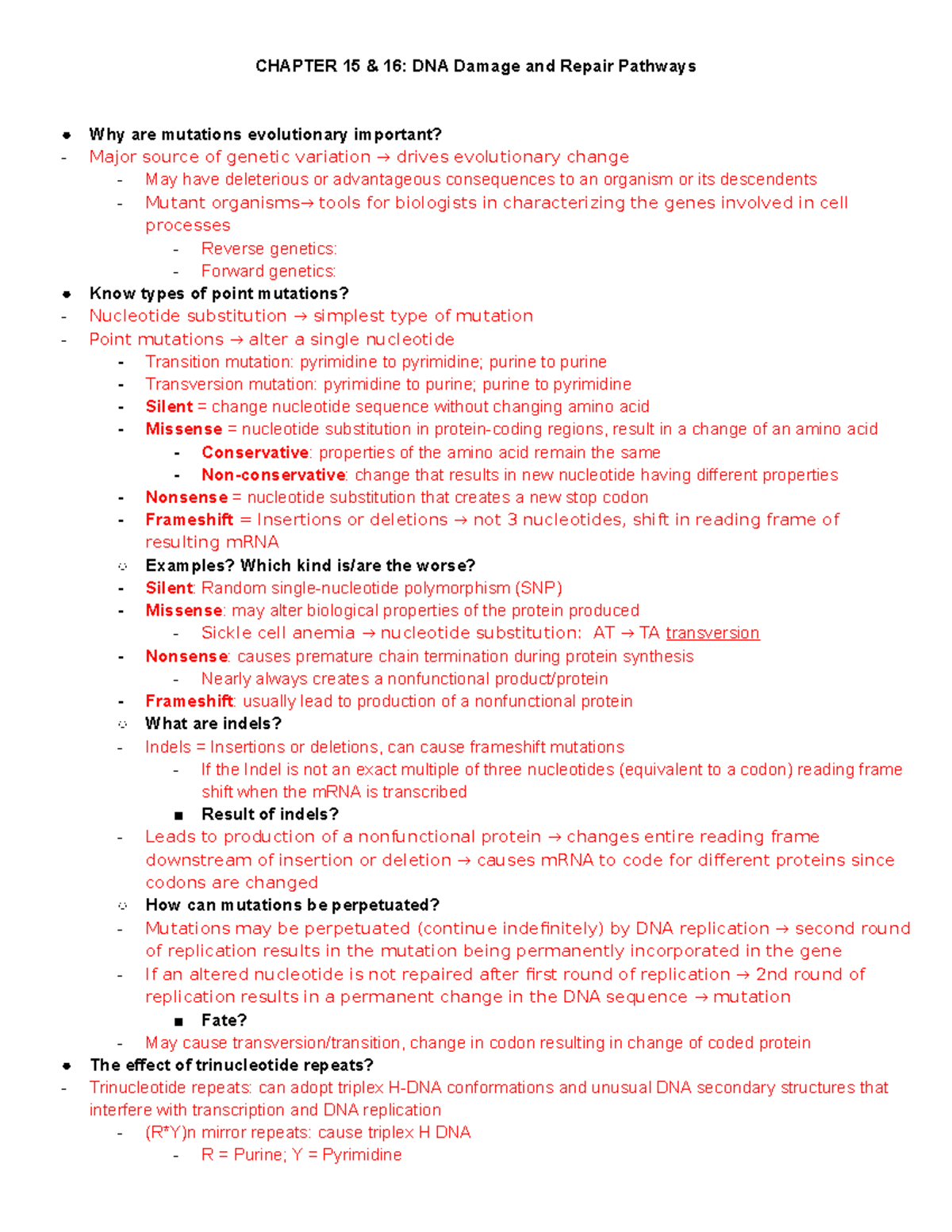 Exam 3 Filled-Out Study Guide - CHAPTER 15 & 16: DNA Damage and Repair ...