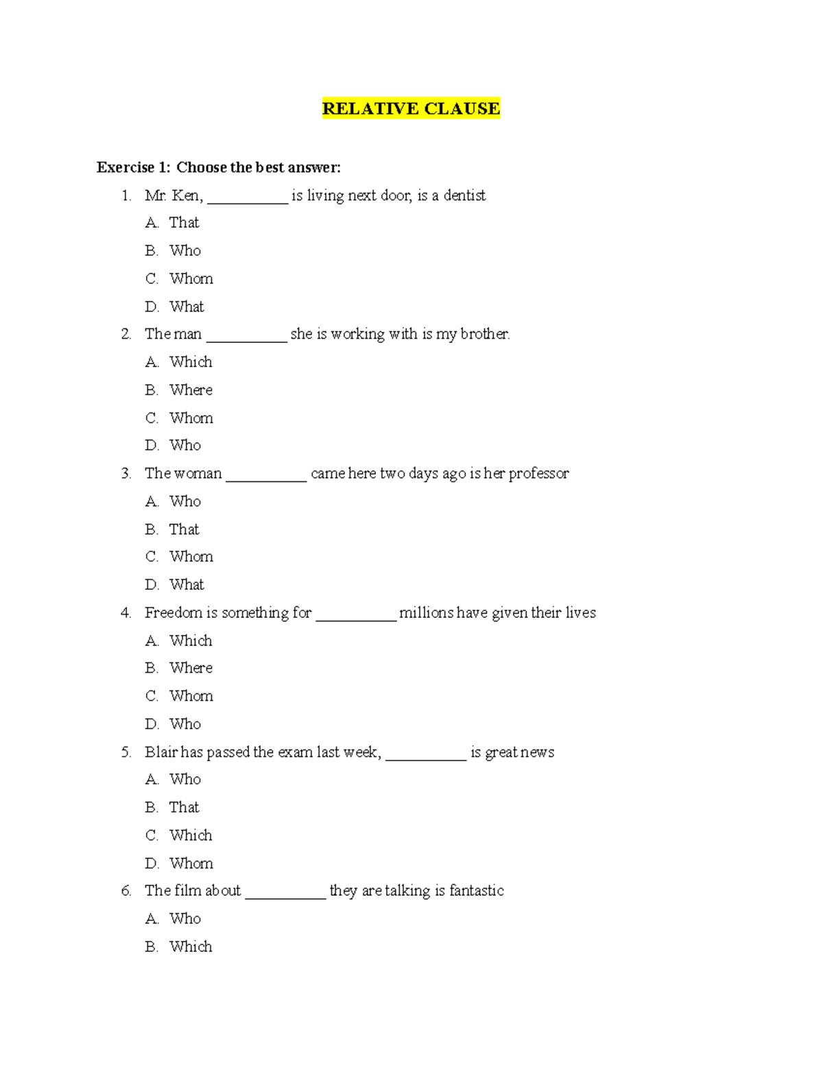 Relative- Clause - Hwhsudijebwvzvhxudiwjwa - RELATIVE CLAUSE Exercise 1 ...