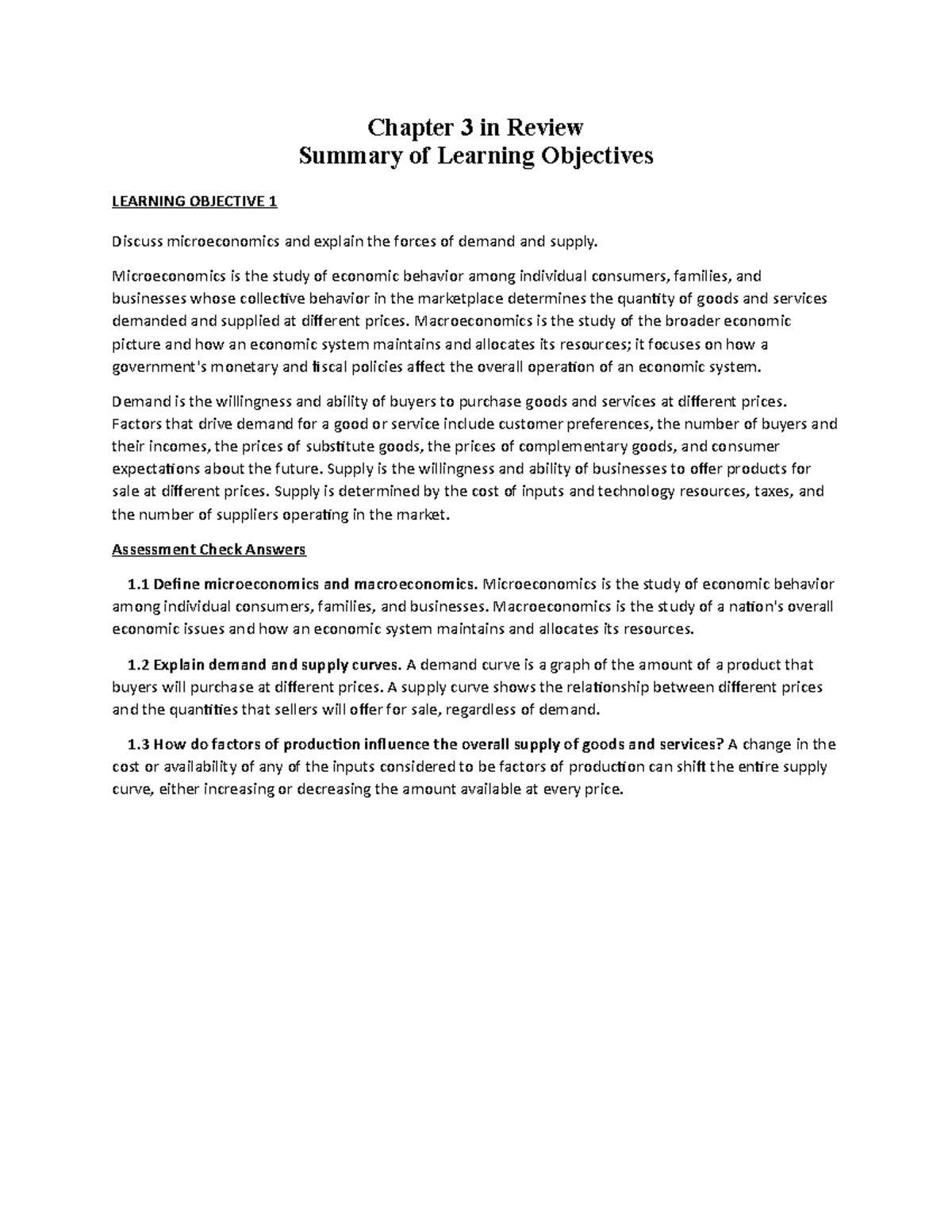 Chapter 3 Economics in Review - Chapter 3 in Review Summary of Learning ...