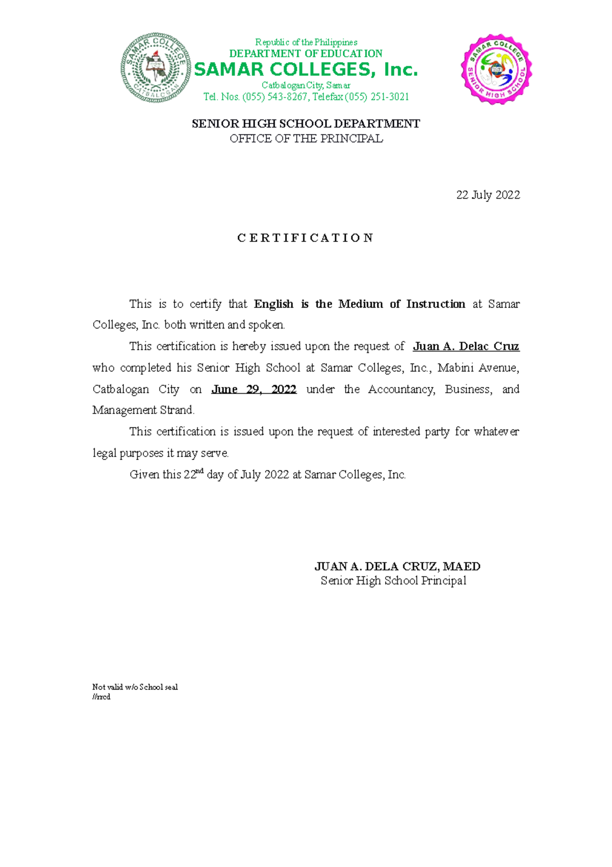 EMOI Certification - Republic of the Philippines DEPARTMENT OF ...