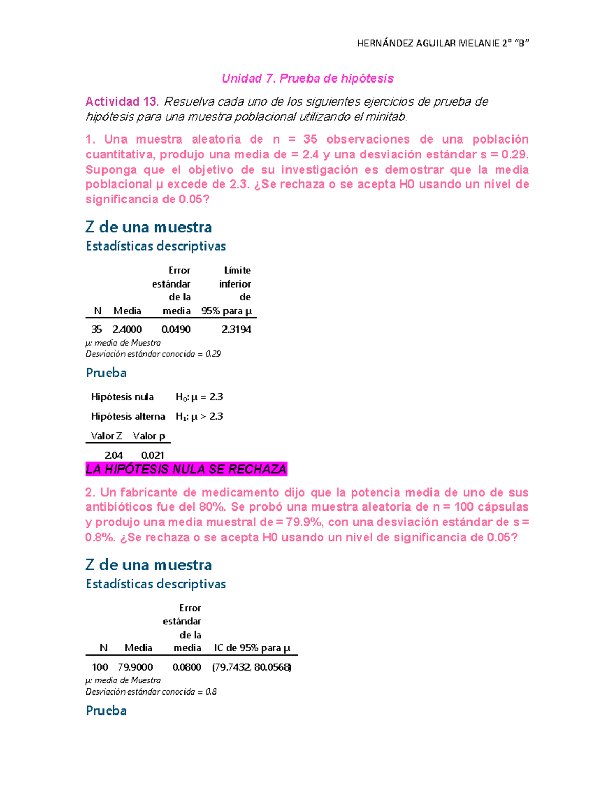 Unidad 7 Actividad 13 Prueba DE Hipótesis PARA UNA Media Poblacional ...