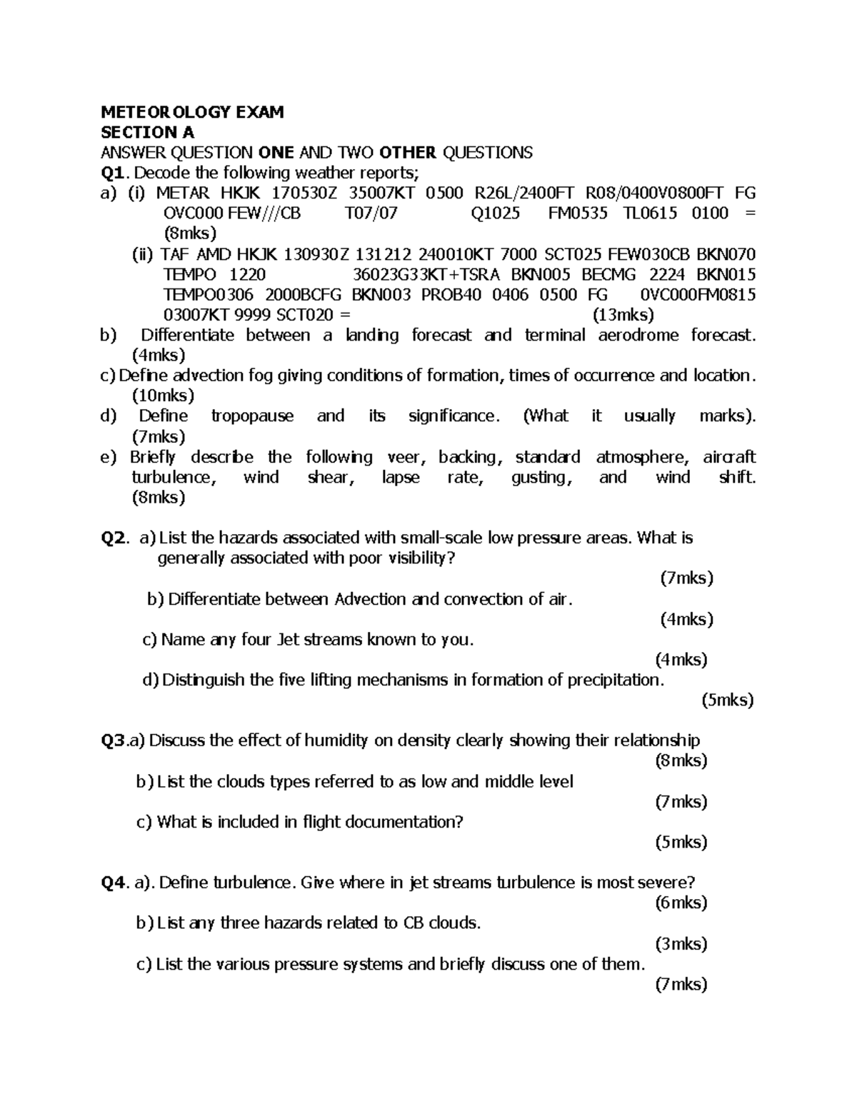 Meteorology 2019 - Homework and essays - METEOROLOGY EXAM SECTION A ...