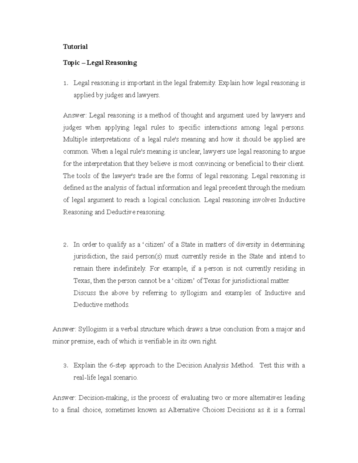 Tutorials for Week 2 - Tutorial Topic – Legal Reasoning Legal reasoning ...