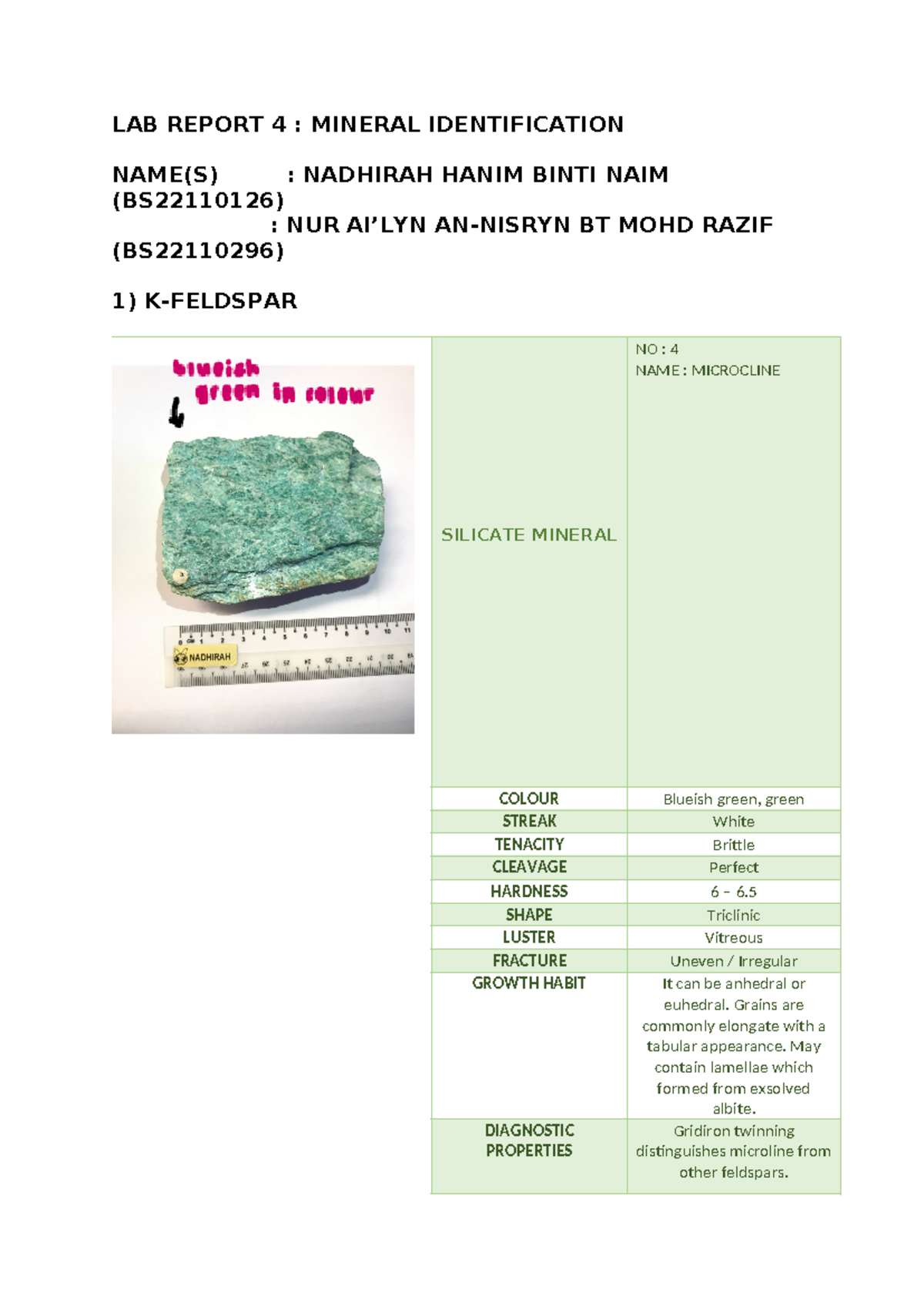 Lab report 4 - identification of minerals - LAB REPORT 4 : MINERAL ...