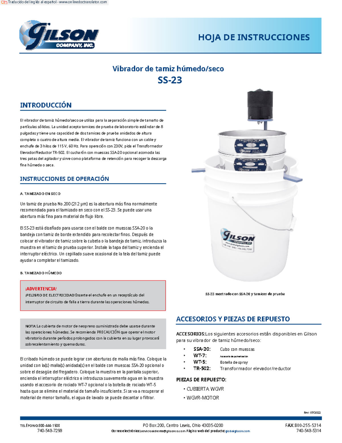 Manual SS-23 - Deslamador vibratorio - HOJA DE INSTRUCCIONES Vibrador de tamiz húmedo/seco SS ...