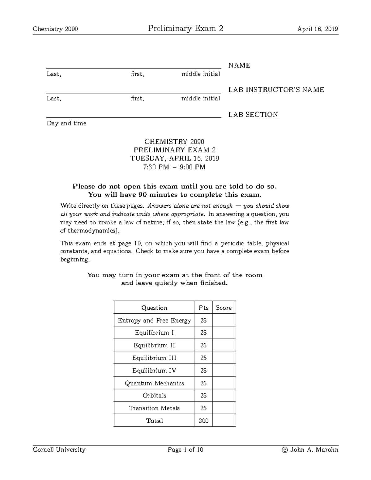Chem 2090 Exam Marohn Spring 2019 EX02 - NAME Last, first, middle initial LAB INSTRUCTOR’S NAME ...