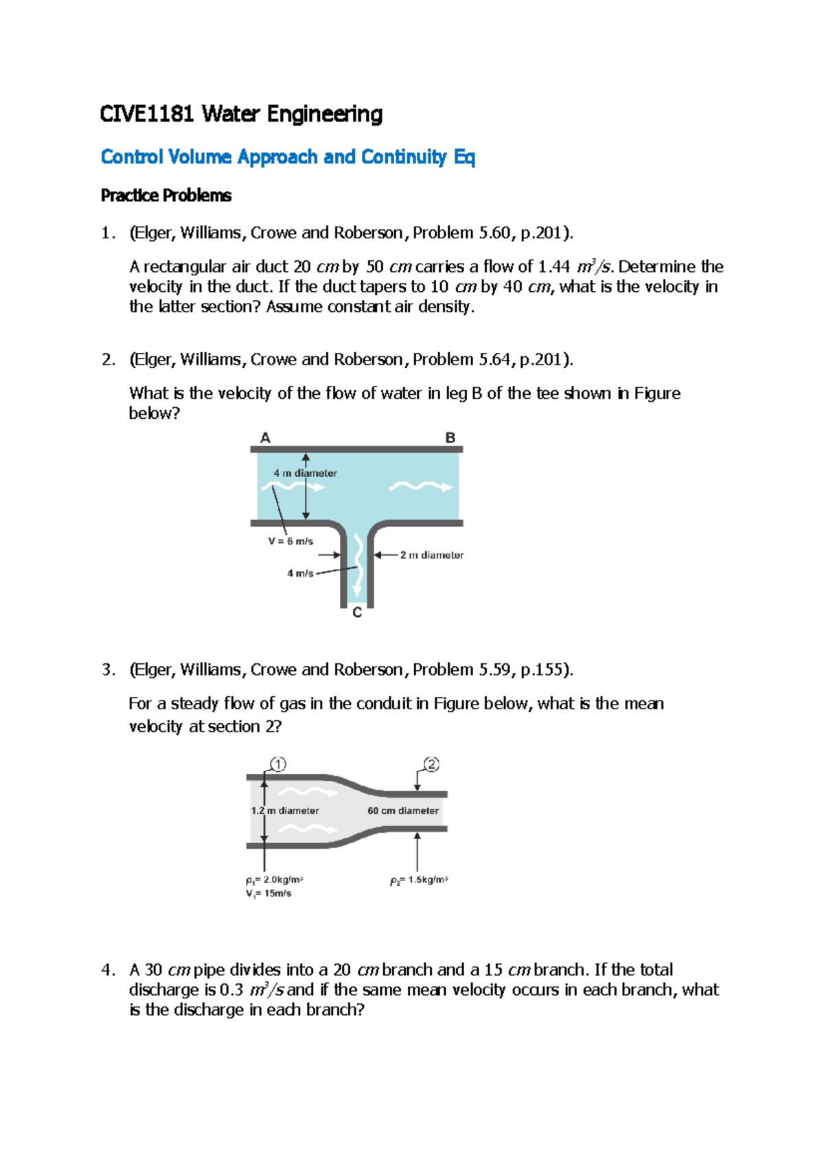 Practice Problems Week 5 CV Approach & Continuity Eq - CIVE 1181 Water Engineering Control ...