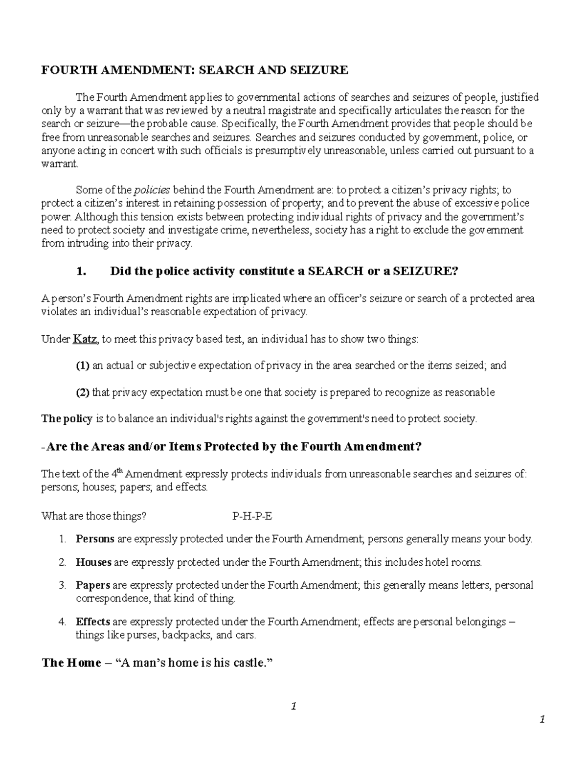 Criminal Procedure Outline - FOURTH AMENDMENT: SEARCH AND SEIZURE The ...