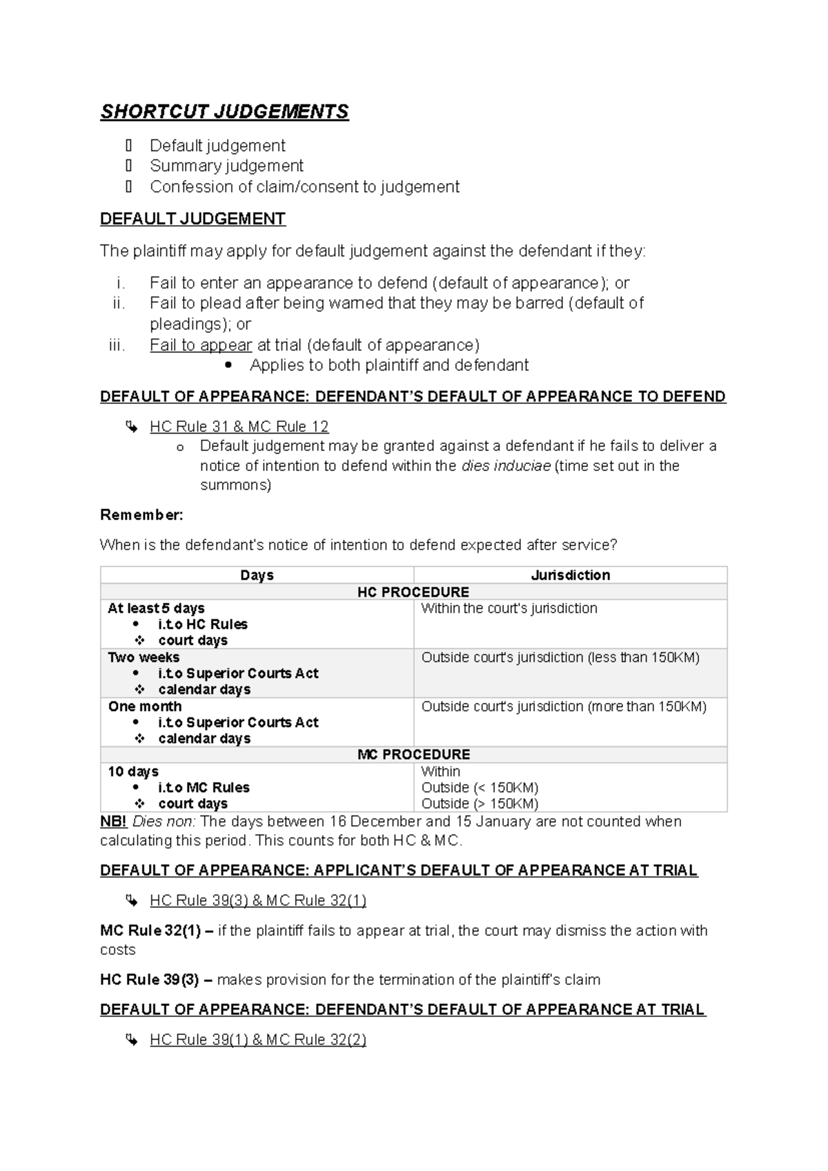 Notes - Judgements - SHORTCUT JUDGEMENTS Default judgement Summary ...