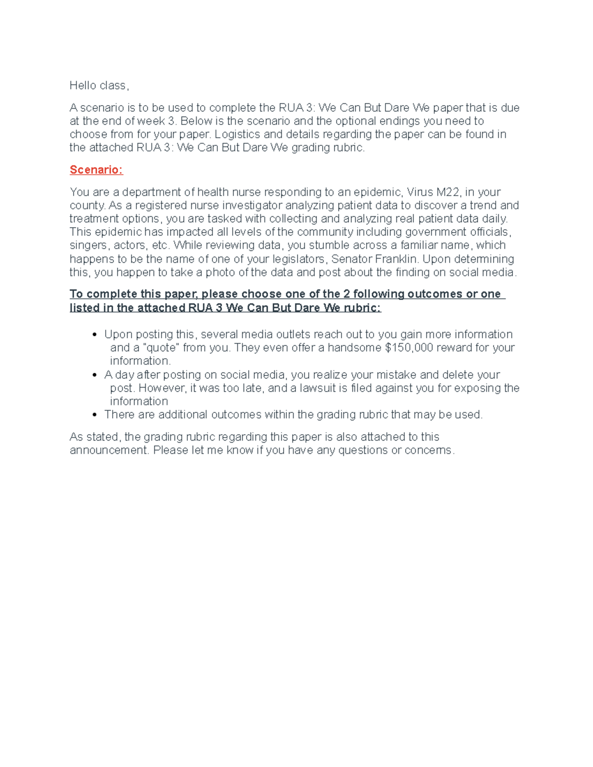 RUA scenario paper - RUA assignment - Hello class, A scenario is to be ...