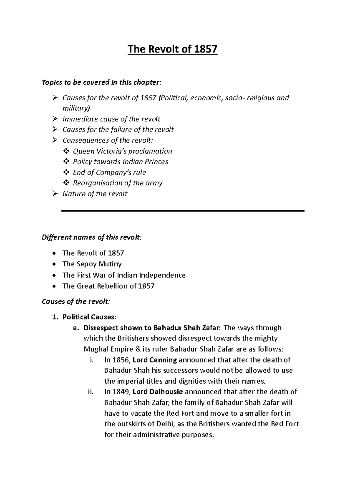 The Revolt of 1857 - Short notes - The Revolt of 1857 Topics to be ...