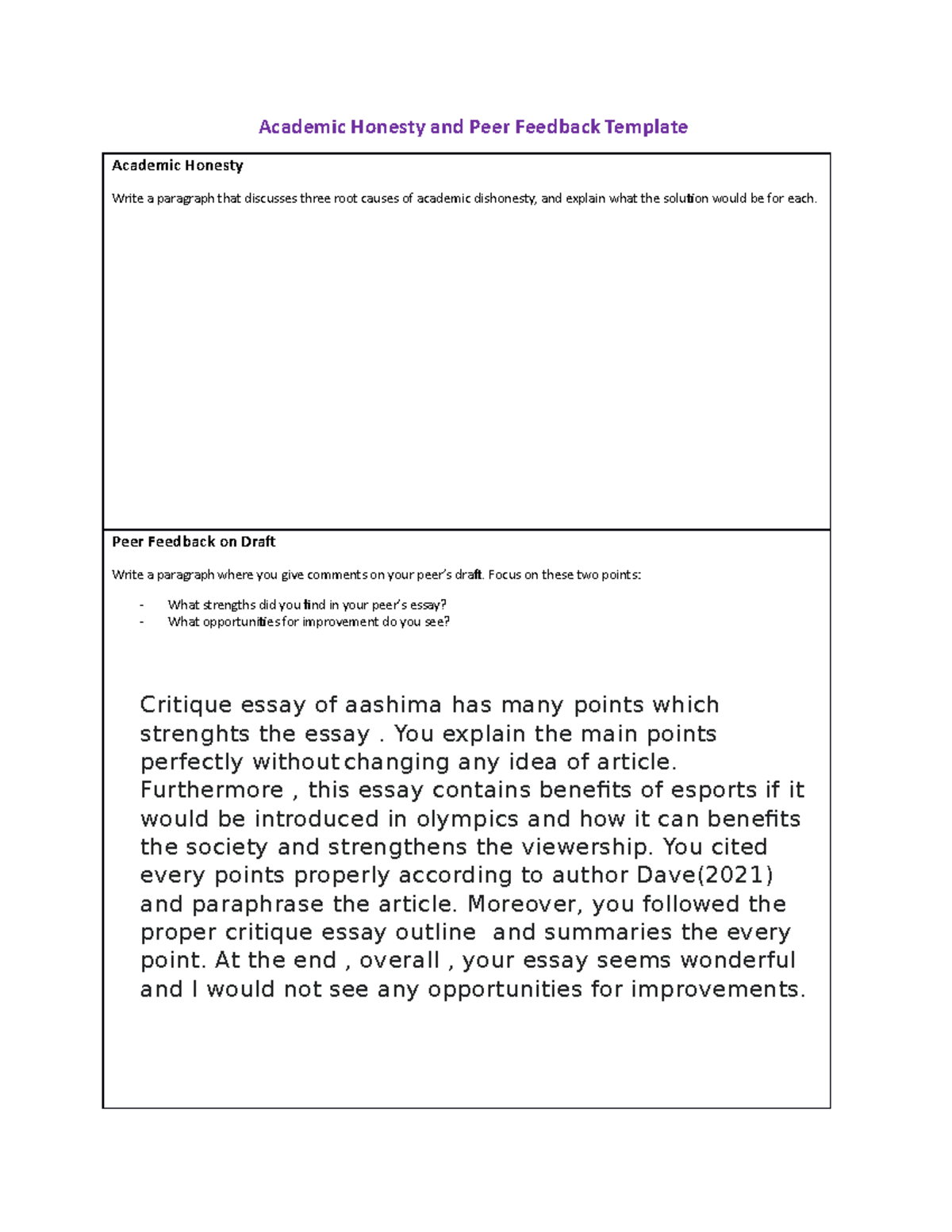Academic Honesty and Peer Feedback Template copy - Academic Honesty and ...