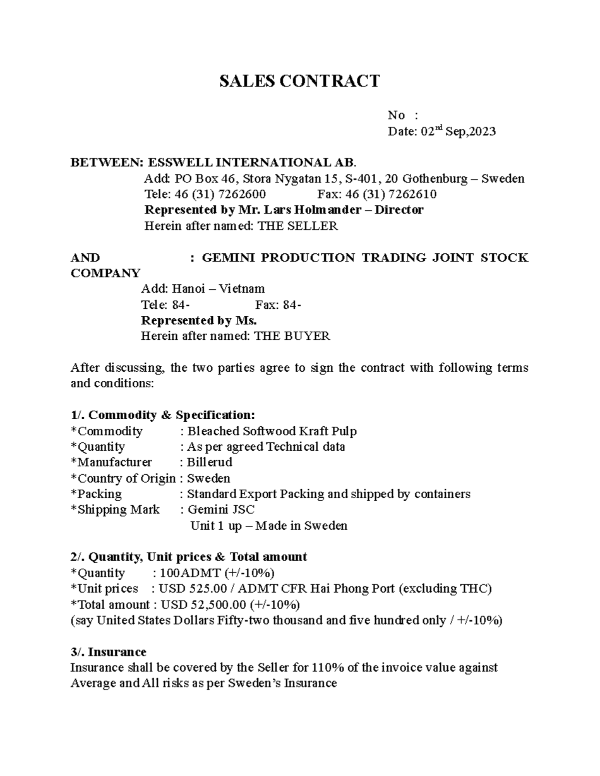 Sales contract Hợp đồng mua bán quốc tế - SALES CONTRACT No : Date: 02 ...