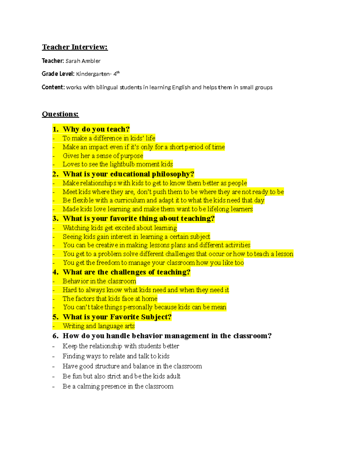 Teacher Interview - Teacher Interview: Teacher: Sarah Ambler Grade ...