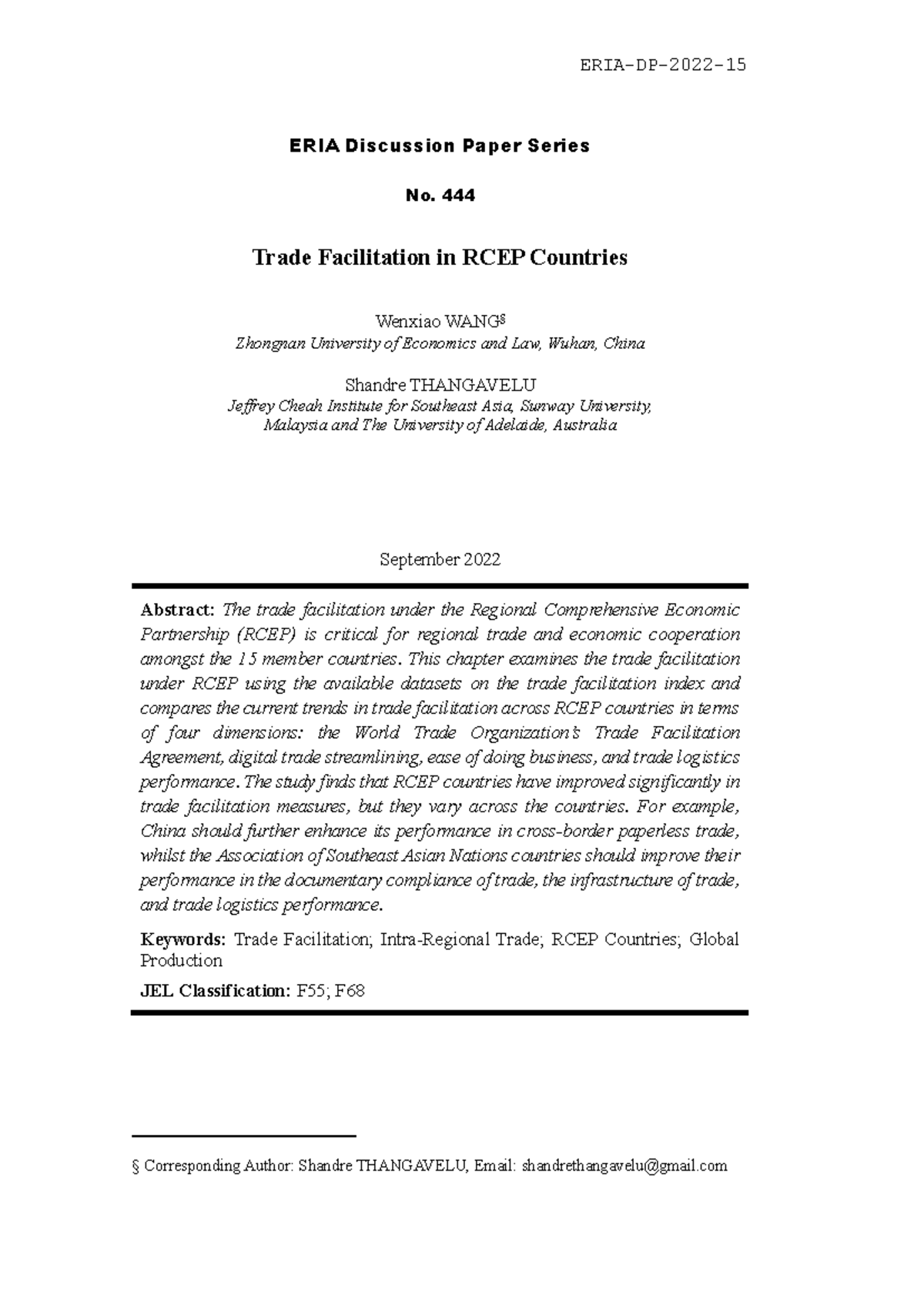 Trade Facilitation in RCEP Countries - ERIA-DP- 2022 - 15 ERIA Discussion Paper Series No. 444 ...