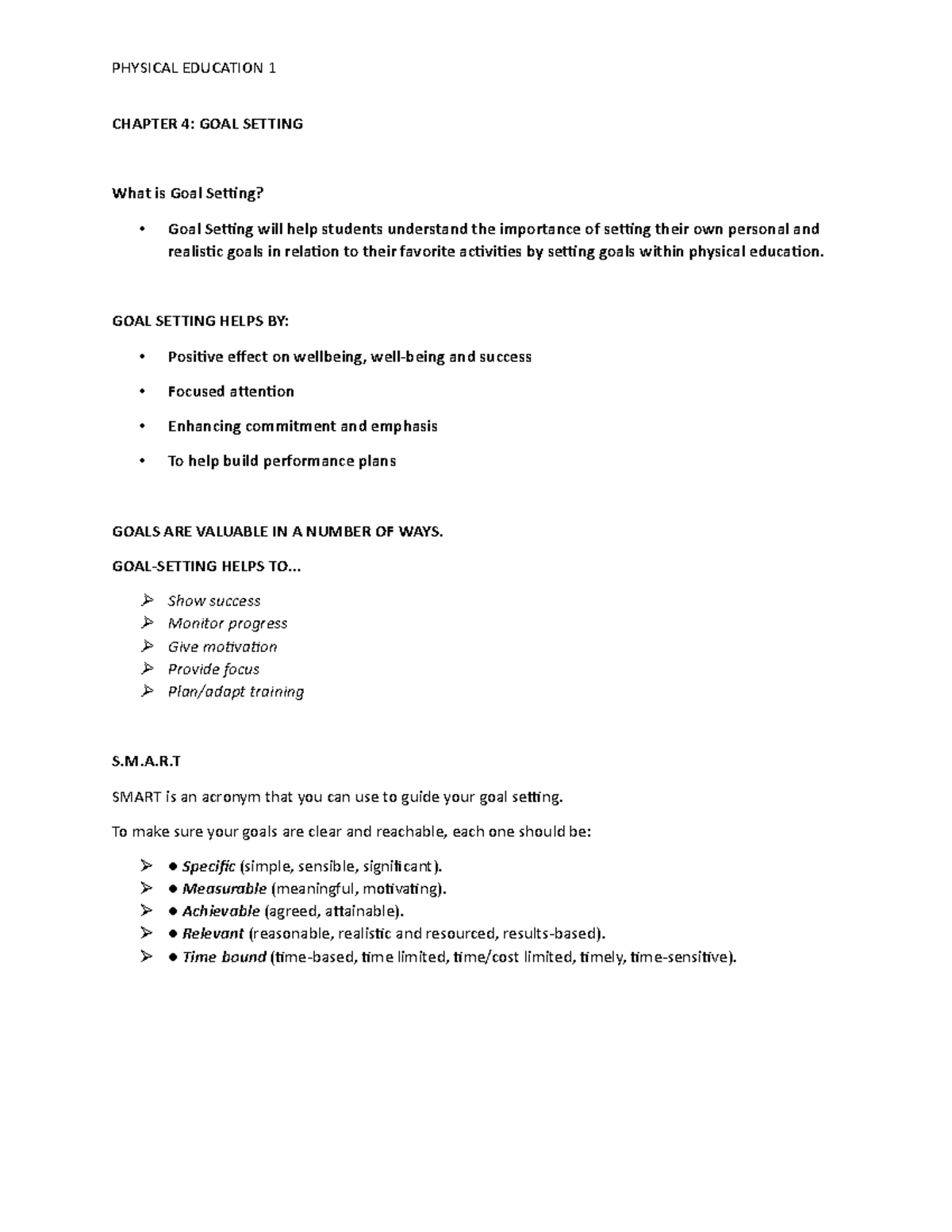 Chapter 4 - GOAL Setting - PHYSICAL EDUCATION 1 CHAPTER 4: GOAL SETTING ...