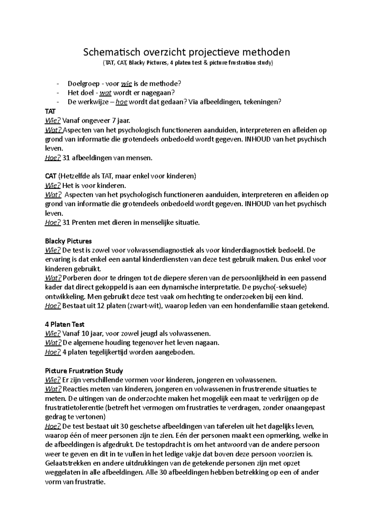 Schematisch overzicht projectieve methoden - Wat? Aspecten van het ...