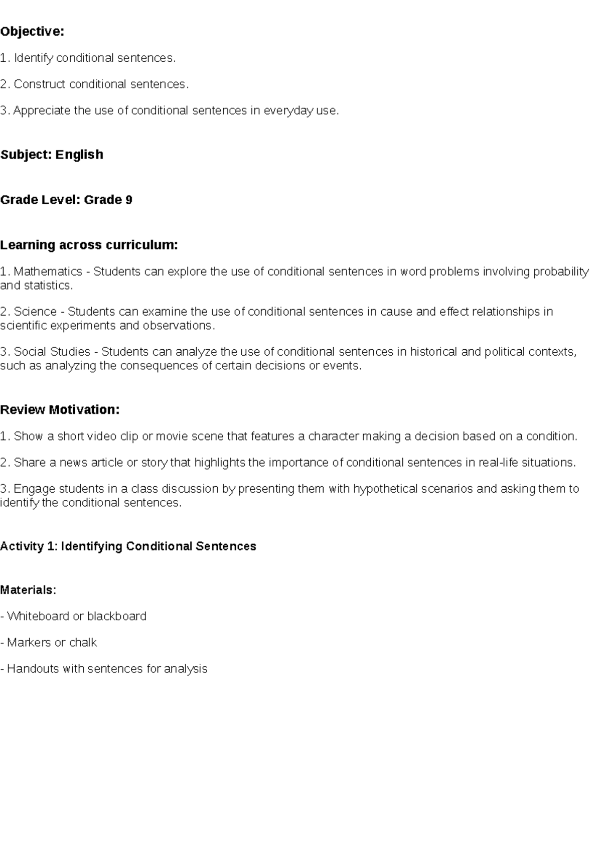 Lesson plan - Template - Objective: Identify conditional sentences. Construct conditional ...