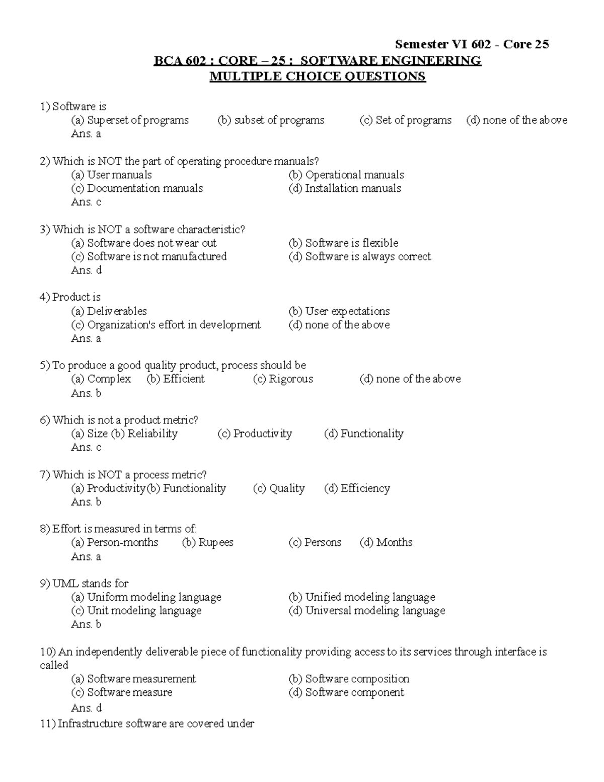 BCA 602 Software Engineering - BCA 602 : CORE – 25 : SOFTWARE ENGINEERING MULTIPLE CHOICE ...