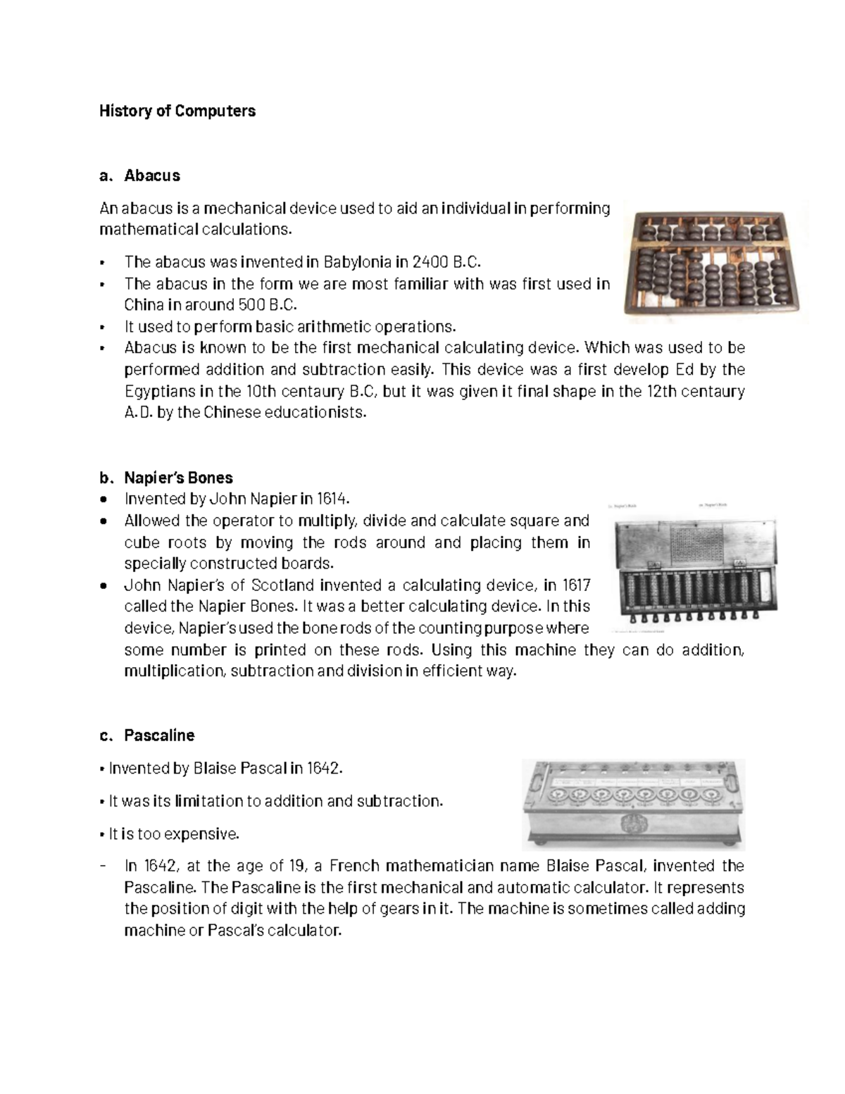 Assignment 1-reviewer - History of Computers a. Abacus An abacus is a mechanical device used to ...
