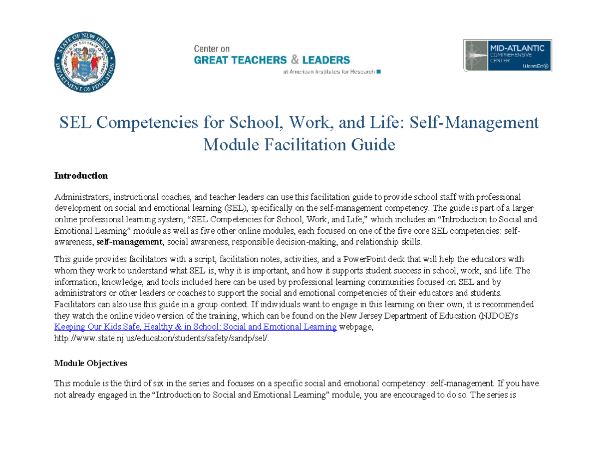 Self Management Module Facilitation Guide Final - SEL Competencies for ...
