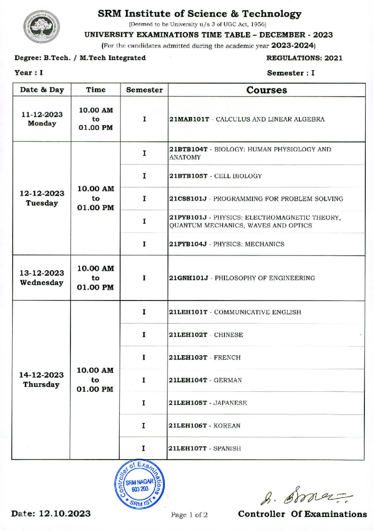 B tech and m tech integrated ft 2021 regulations dec 2023 - English ...