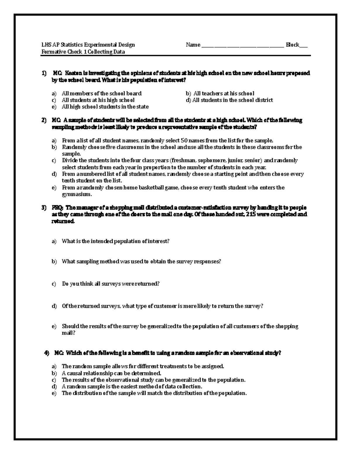 Formative Check 1 Planning a Study and Sampling Methods - LHS AP ...