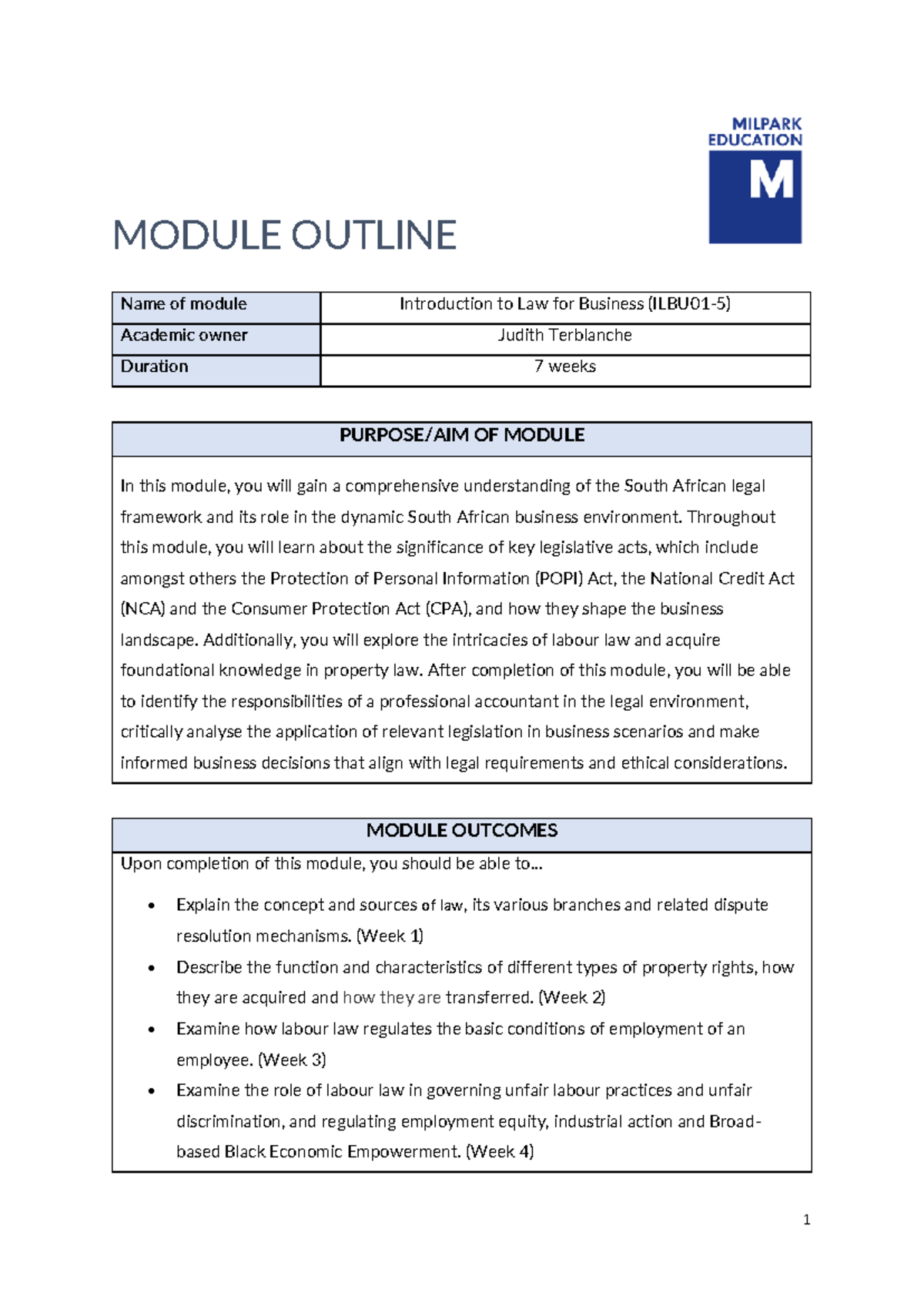 MODULE OUTLINES SEMESTER 1 YEAR 1 INTRODUCTION TO LAW FOR BUSINESS ...