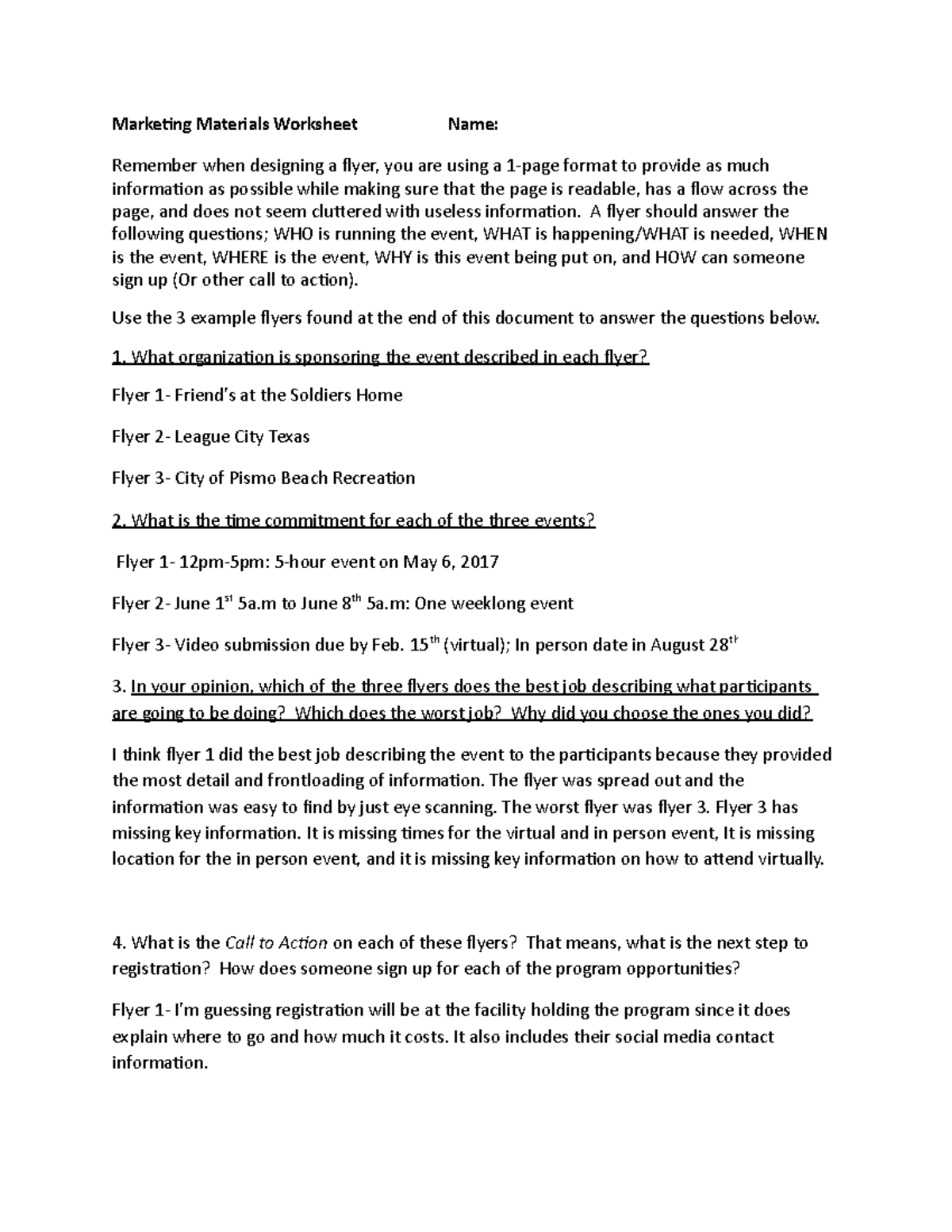 Marketing Worksheet 21 - Marketing Materials Worksheet Name: Remember ...