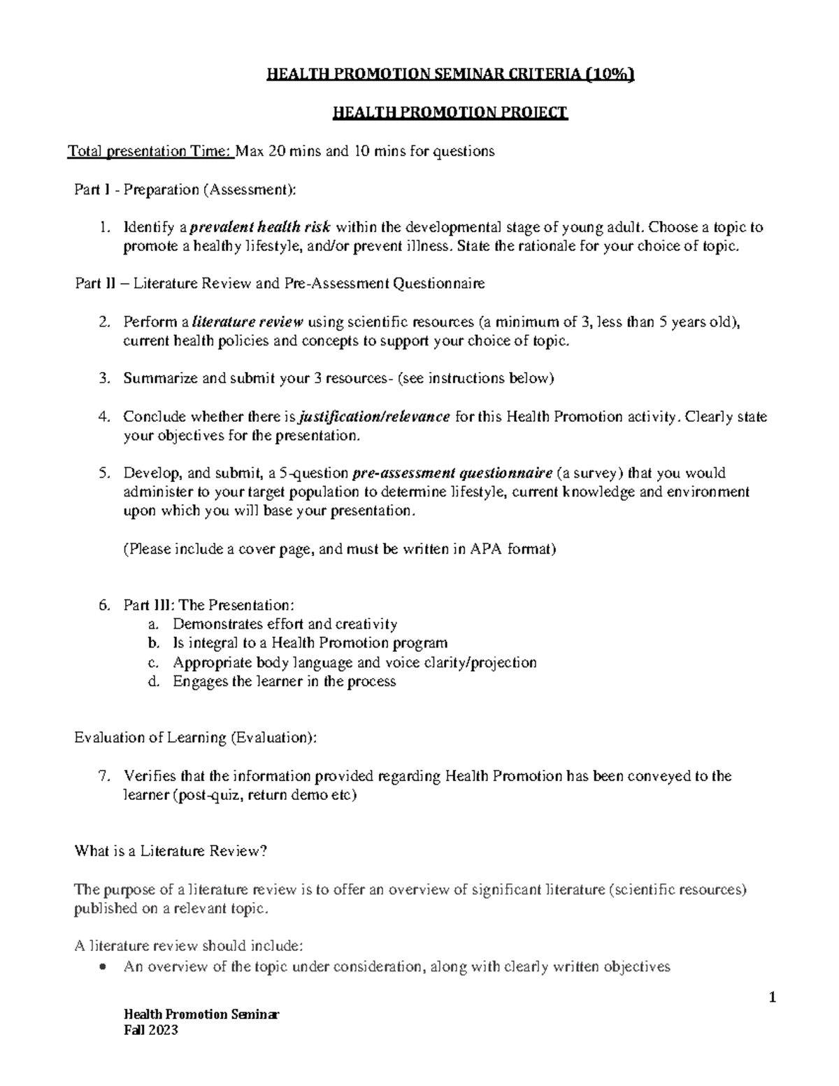 Health Promotion Project Instructions Fall 2023 - HEALTH PROMOTION ...