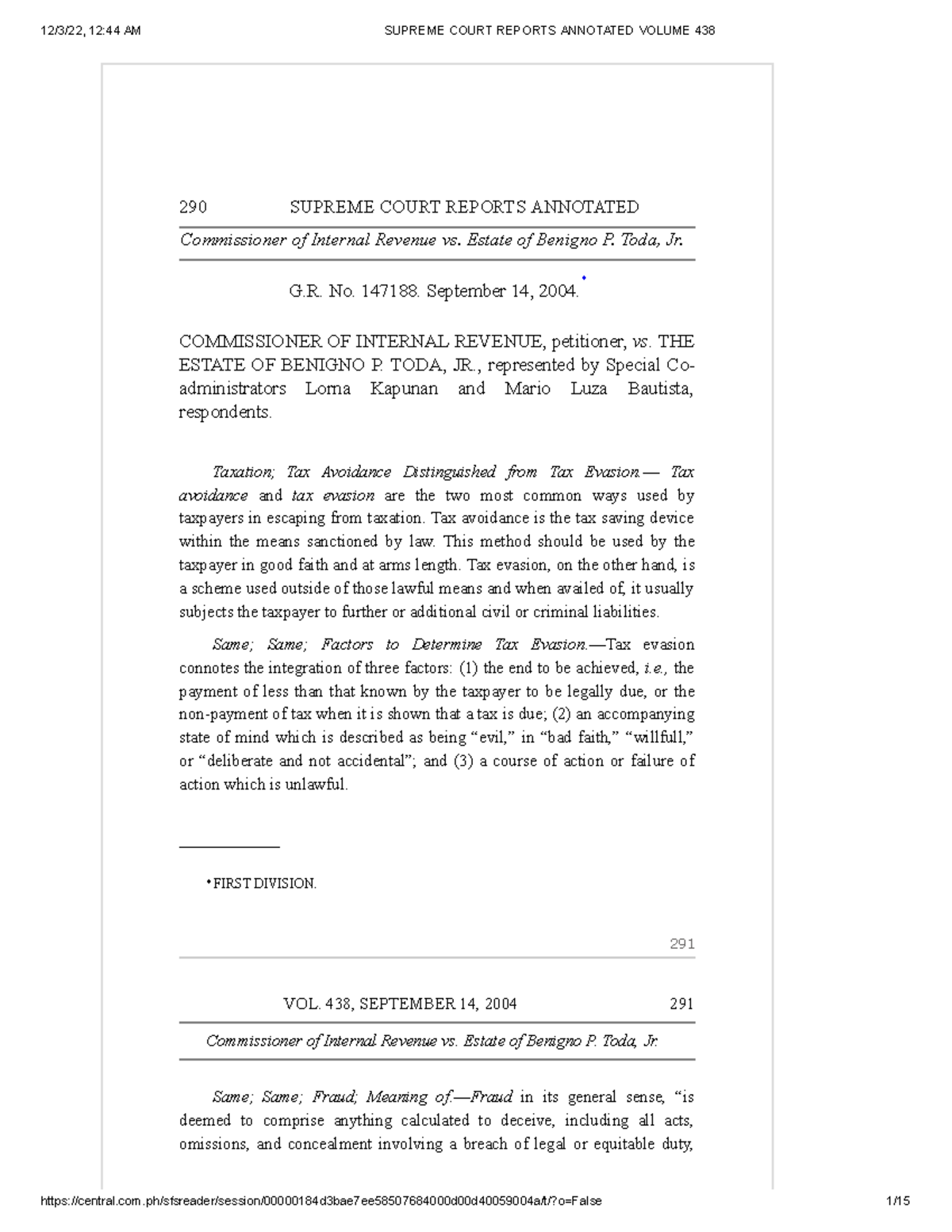 18. CIR vs. Benigno Toda - 290 SUPREME COURT REPORTS ANNOTATED ...