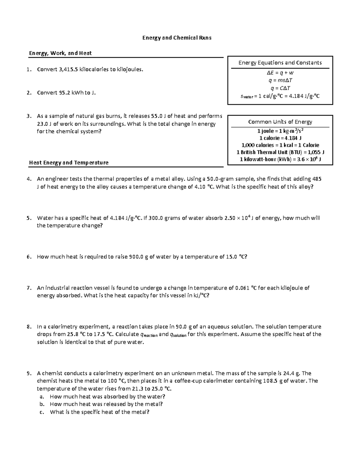 Energy and Thermochemistry Extra Practice with answers - Energy and ...