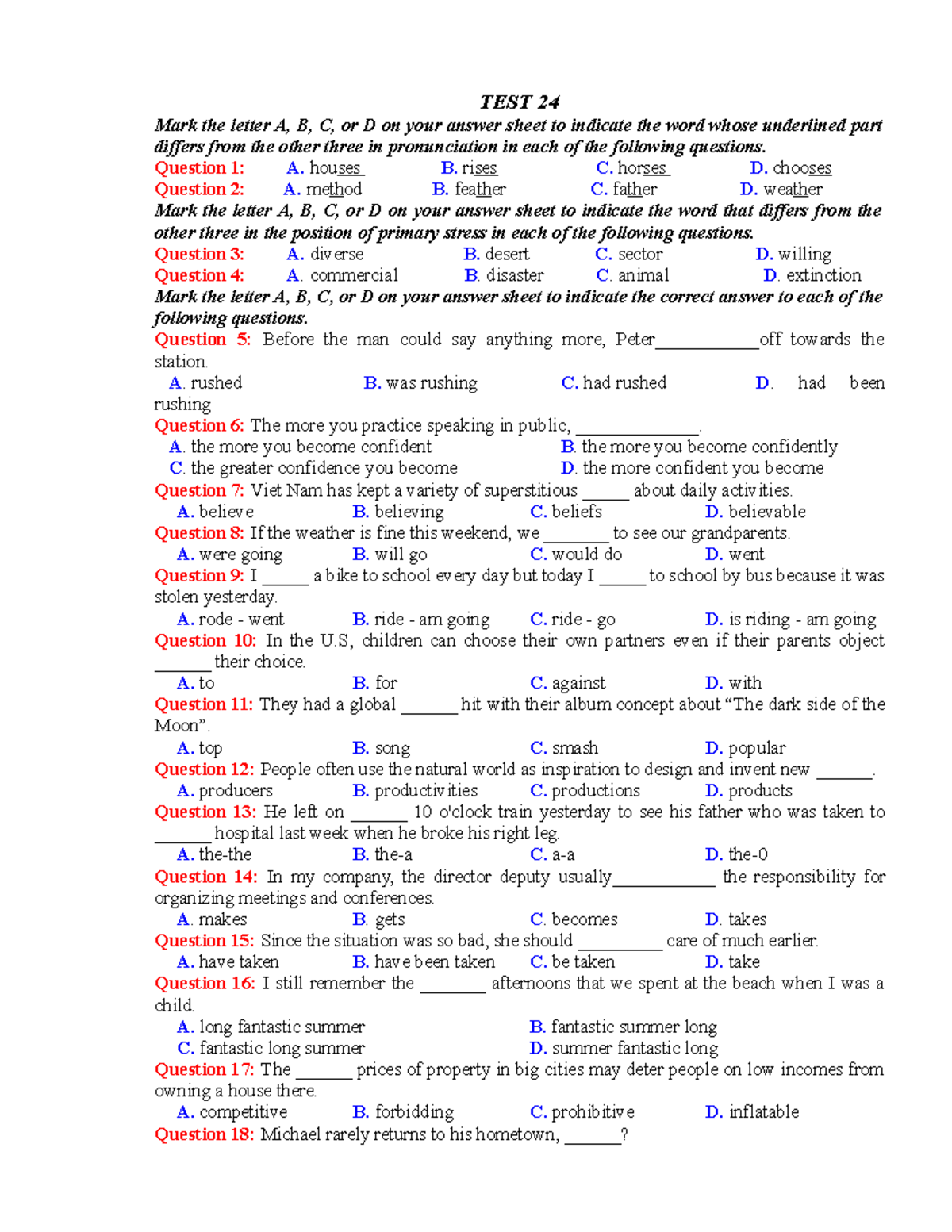 TEST 24 Lớp 12 - Top Notch - TEST 24 Mark the letter A, B, C, or D on ...