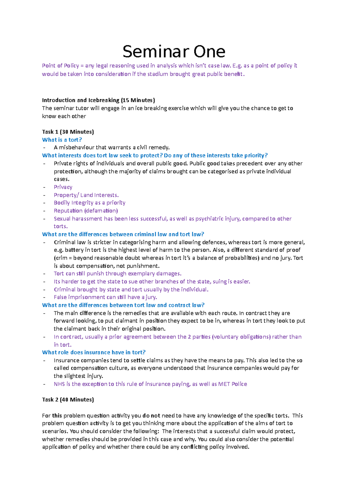 Seminar One Questions - Seminar One Point of Policy = any legal ...