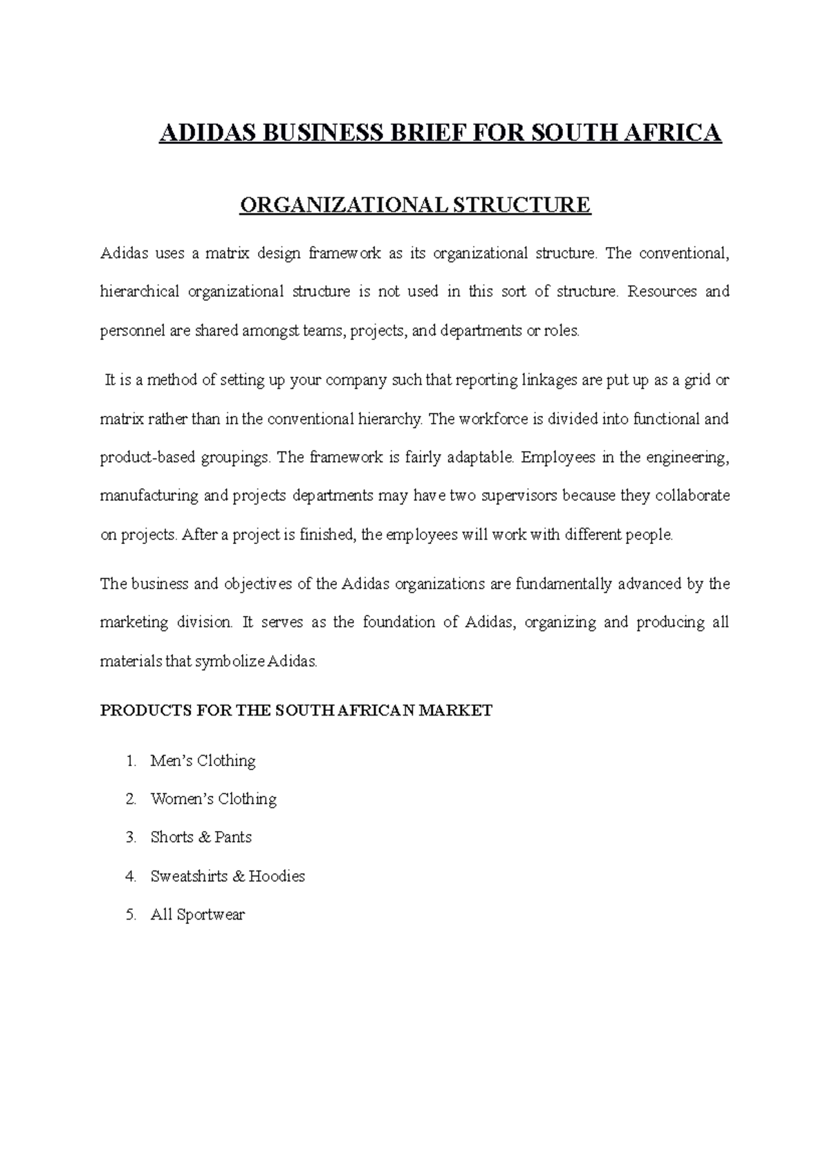 Business Brief - ADIDAS BUSINESS BRIEF FOR SOUTH AFRICA ORGANIZATIONAL ...