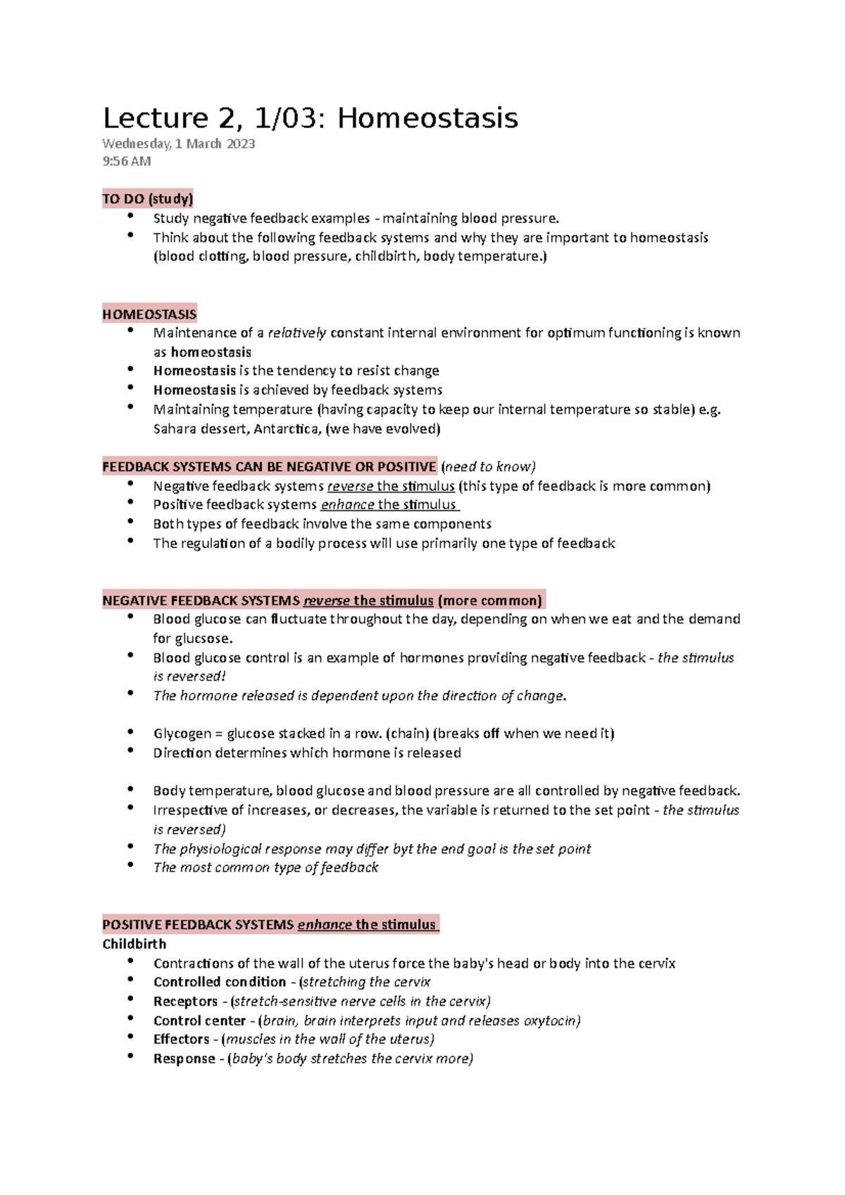 Lecture 2 214101 - Lecture 2, 1/03: Homeostasis Wednesday, 1 March 2023 ...