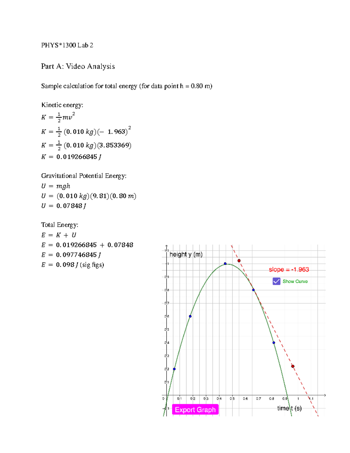 Phys 1300 Lab 2 Lab 2 For Phys 1300 Phys 1300 Lab 2 Part A Video Analysis Sample