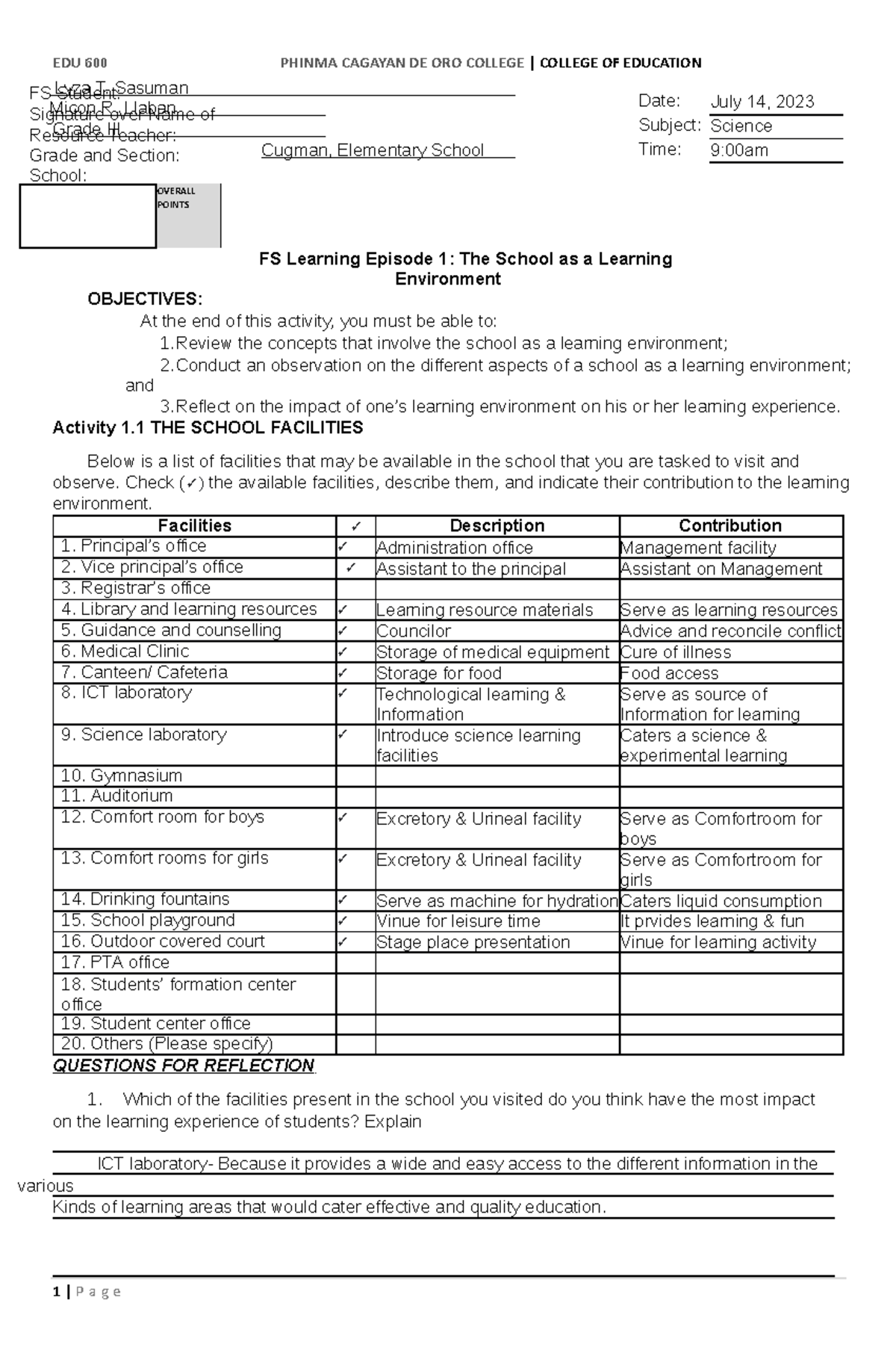 LE #1 - xcvbnm,. - OVERALL POINTS Lyza T. Sasuman Micon R. Llaban Grade ...
