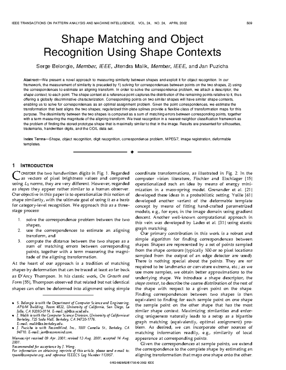 Shape matching and objects recongnition using shape contexts - Shape ...