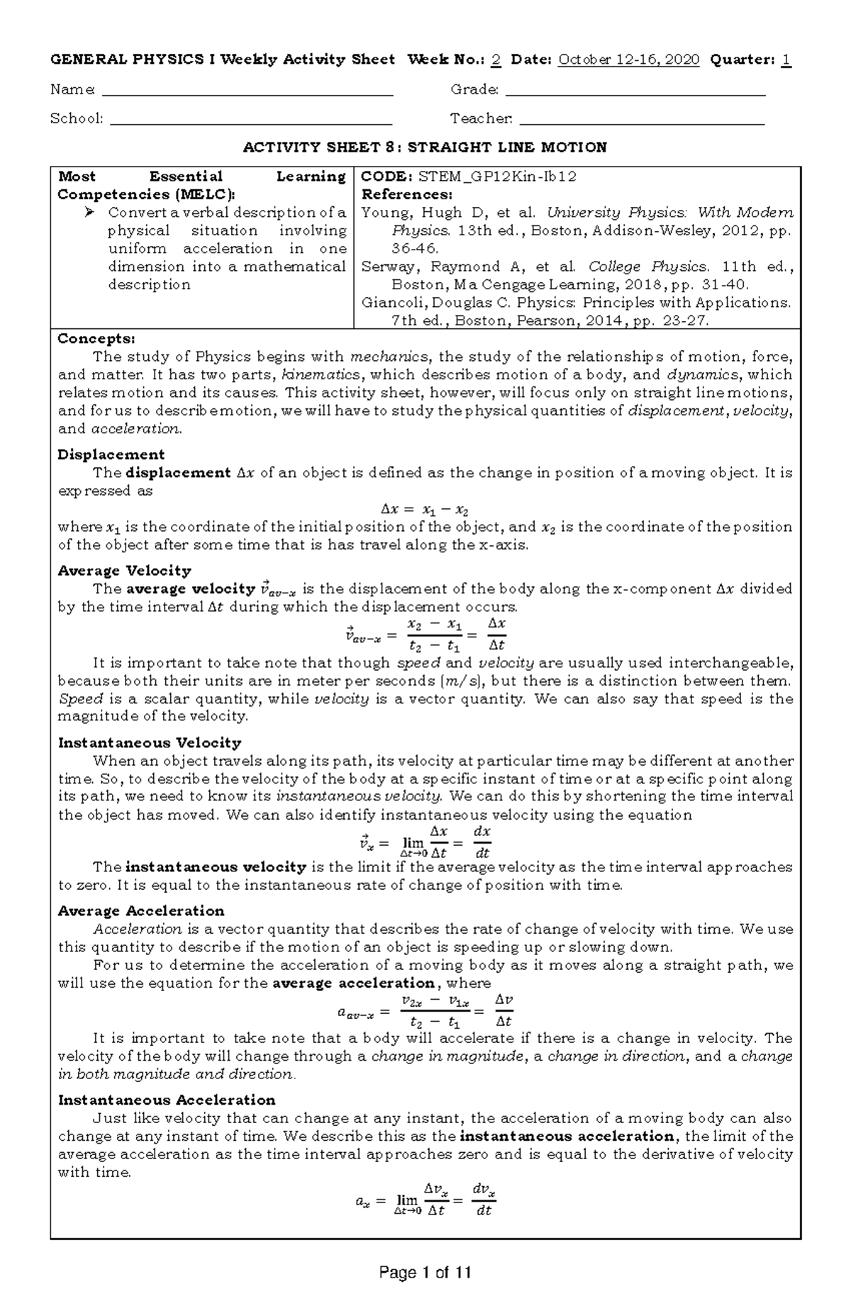 General Physics 1 WLAS Straight Line Motion and Motion with Constant Acceleration - GENERAL ...