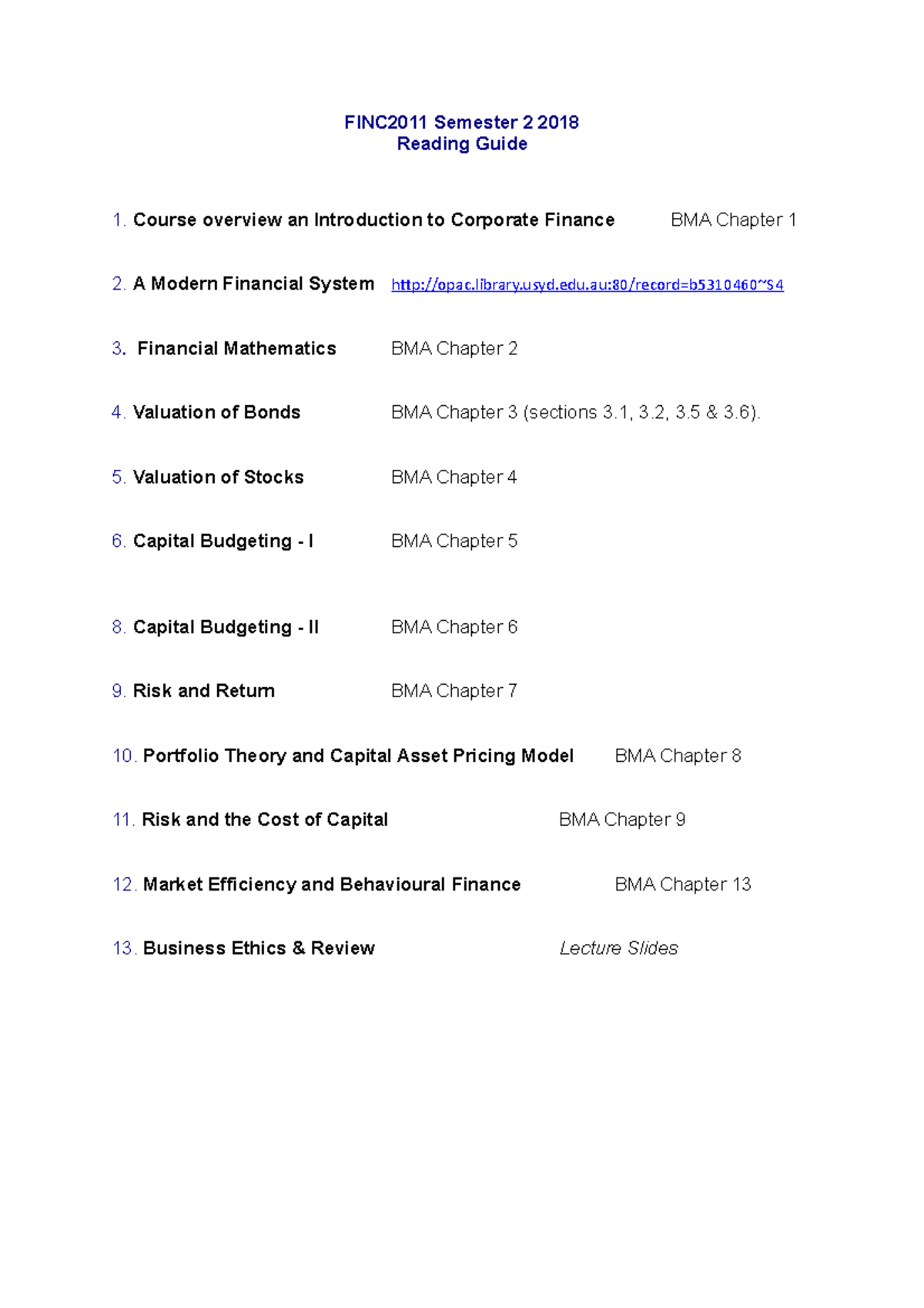 Zfinc 2011 Semester 2 2018 Reading Guide - FINC2011 Semester 2 2018 ...