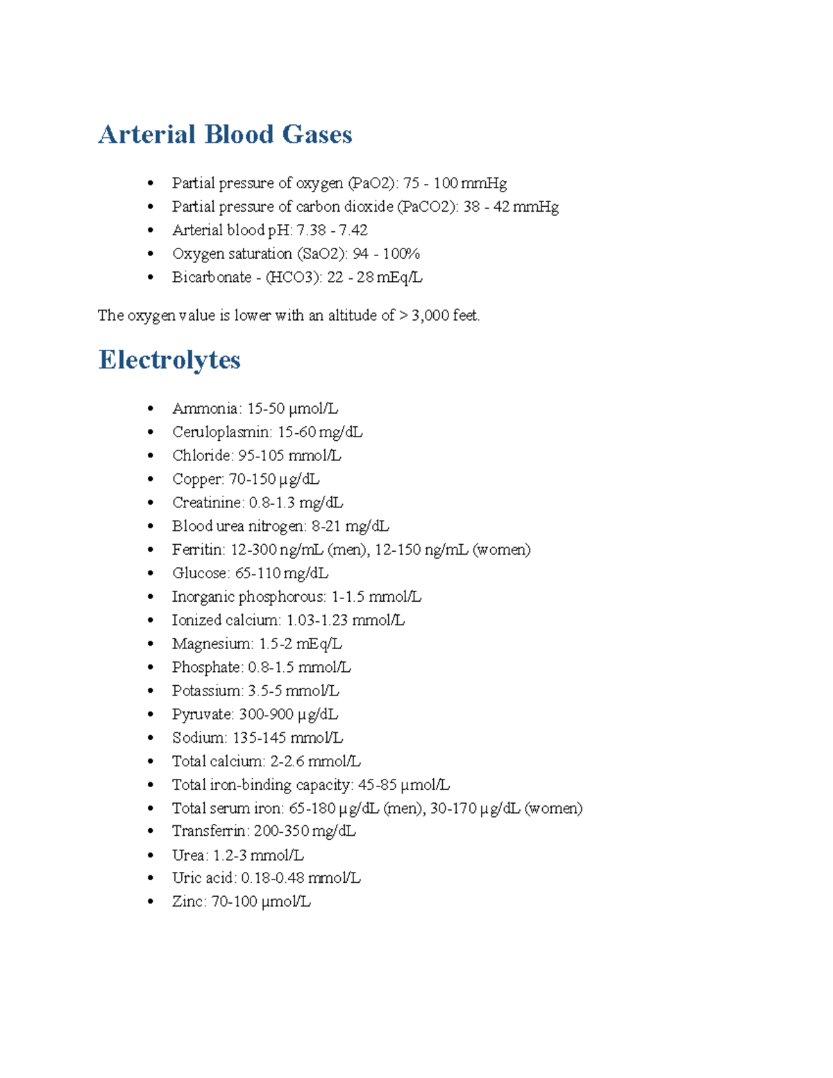Lab Values - notes - Arterial Blood Gases Partial pressure of oxygen ...