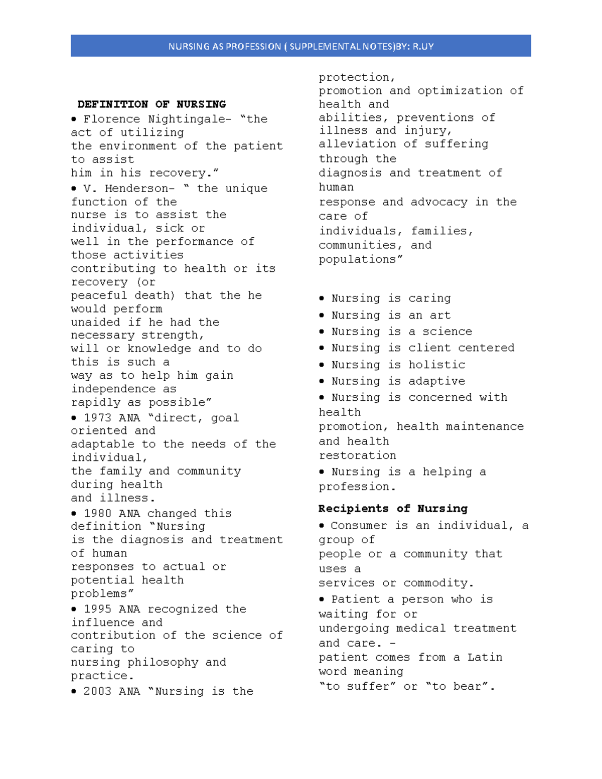 Funda- Notes 1 - this is for school - DEFINITION OF NURSING Florence ...