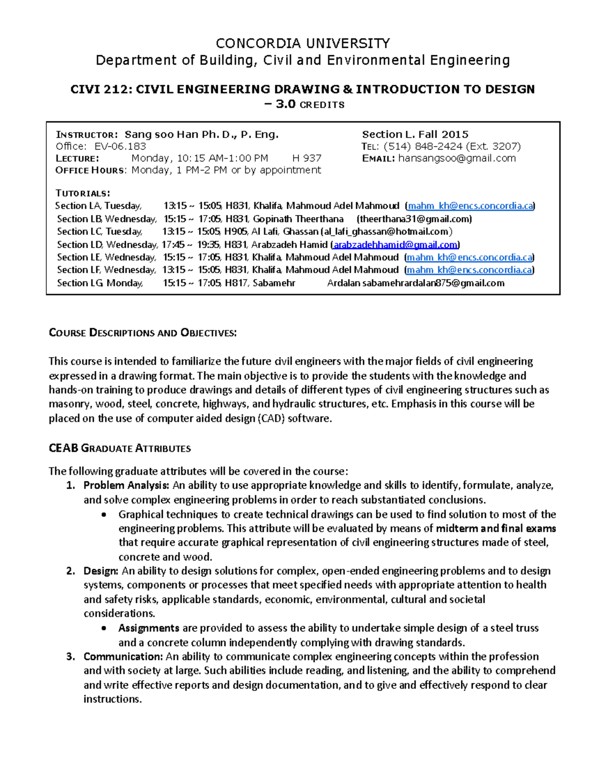 Course Outline - Fall 2016 - CONCORDIA UNIVERSITY Department of ...