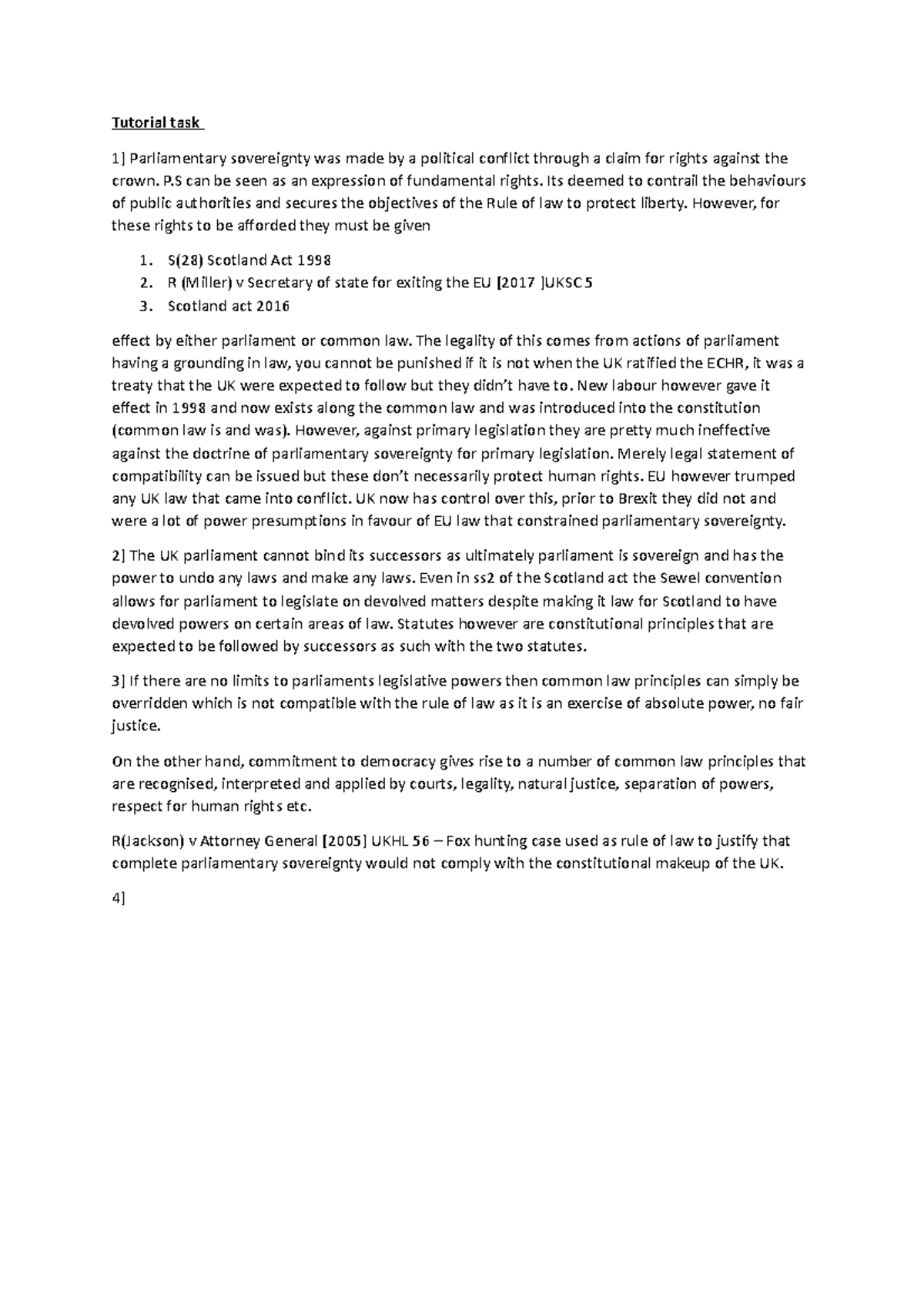 Pl1 tut2 - summarised. - Tutorial task 1] Parliamentary sovereignty was ...