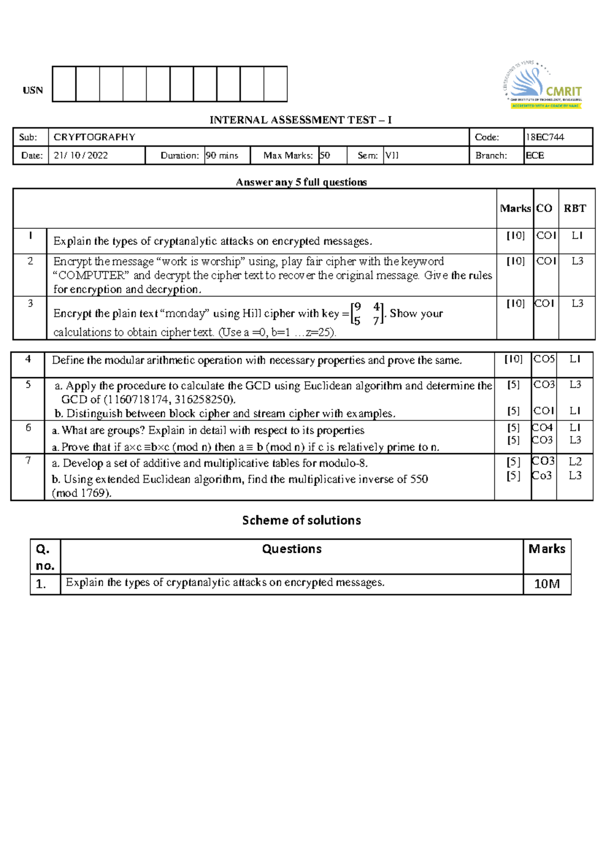 IAT-I Question Paper with Solution of 18EC744 Cryptography Oct-2022-Dr ...